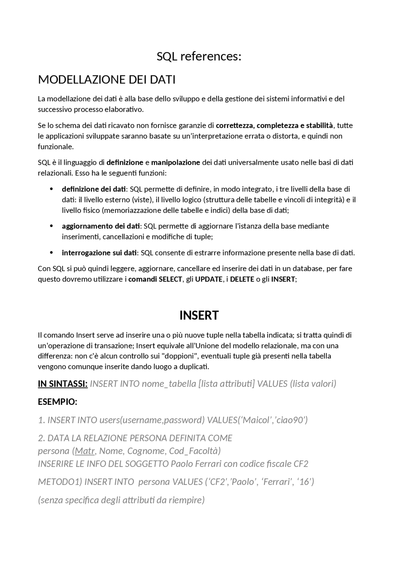 SQL references (da INSERT fino alla DIVISIONE) compreso di esempi - Docsity