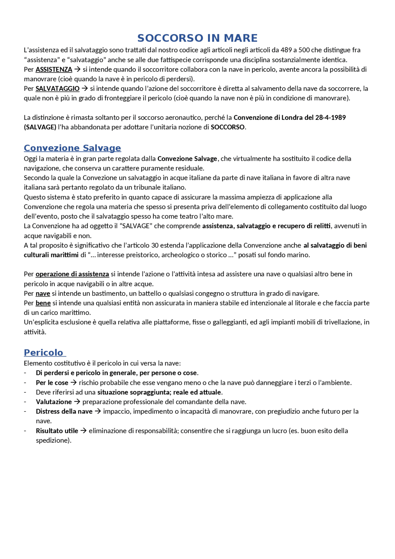 Soccorso in mare - diritto della navigazione - Docsity