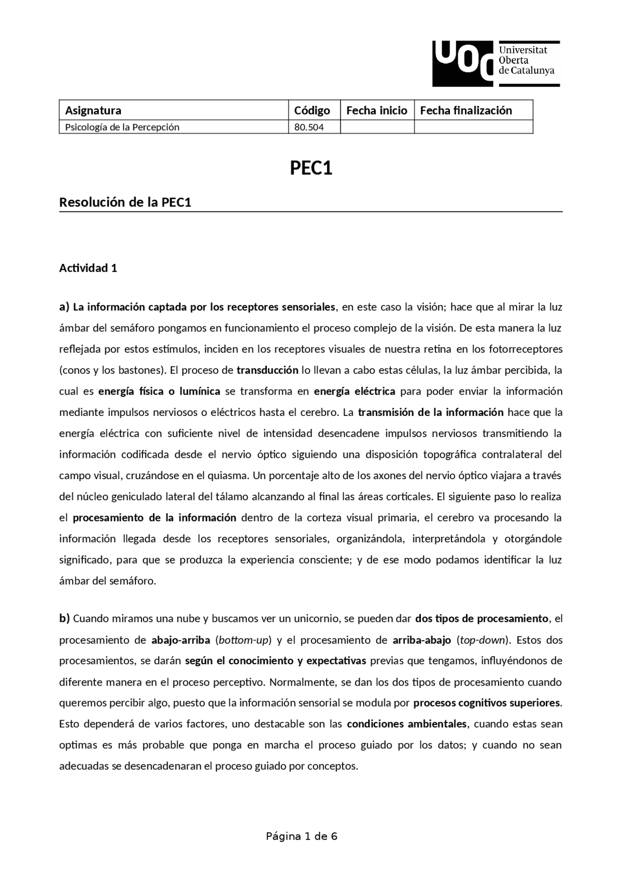Pec 1 Psicología Percepción Docsity