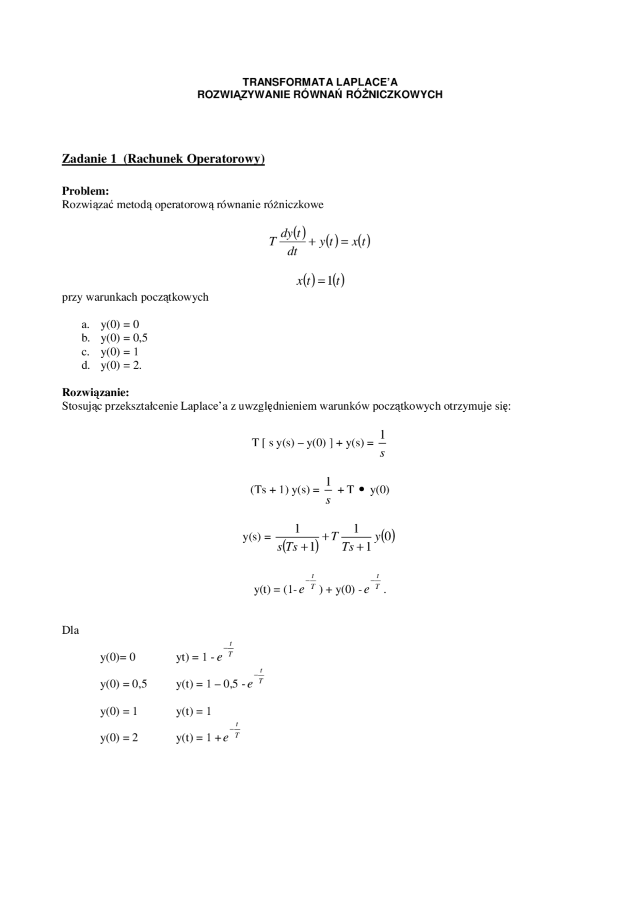 Transformata Laplace'a. Rozwiazywanie równań różniczkowych - Docsity