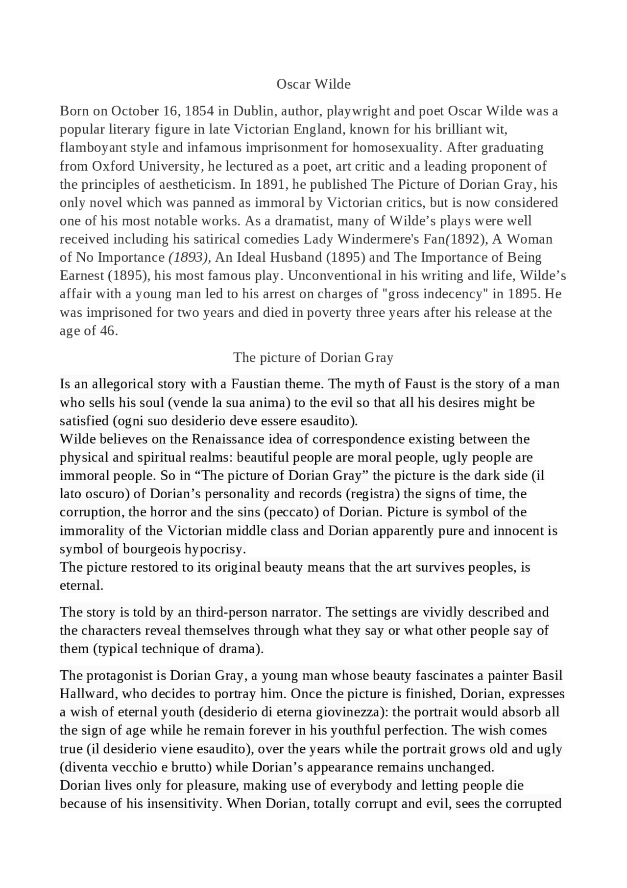 Oscar Wilde The Picture Of Dorian Gray Docsity