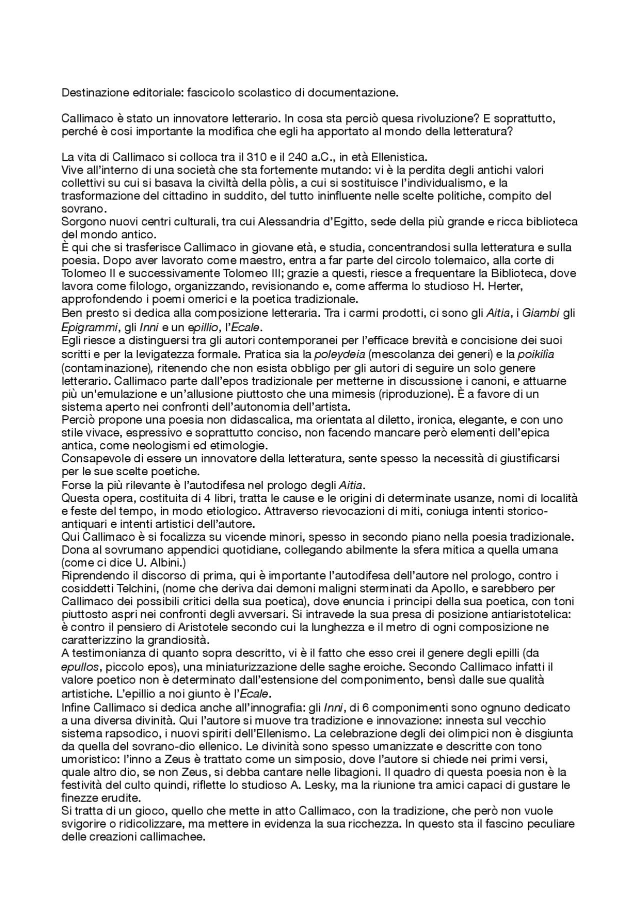 Callimaco In Breve Opere Maggiori Docsity