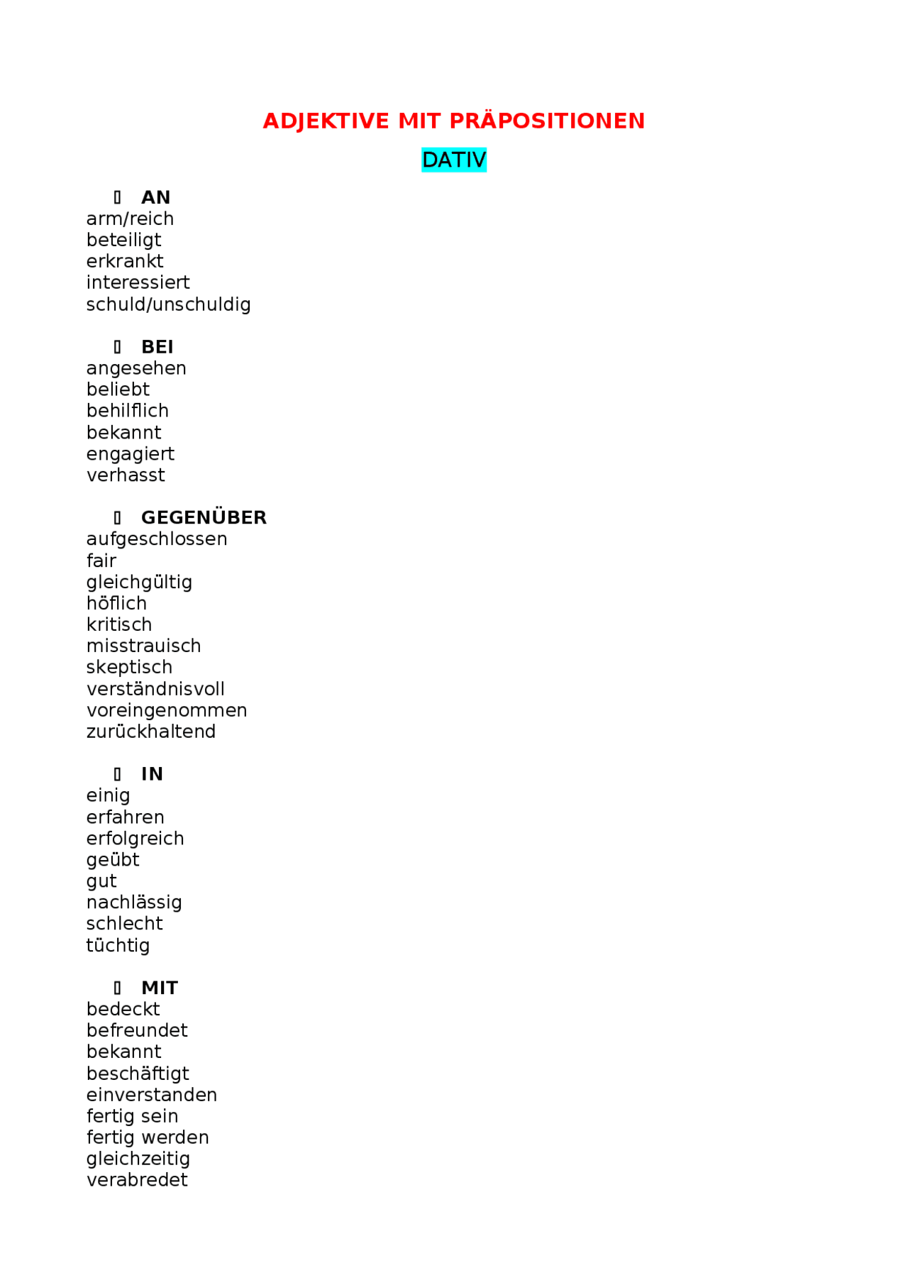 ADJEKTIVEN MIT PRAEPOSITIONEN - Docsity