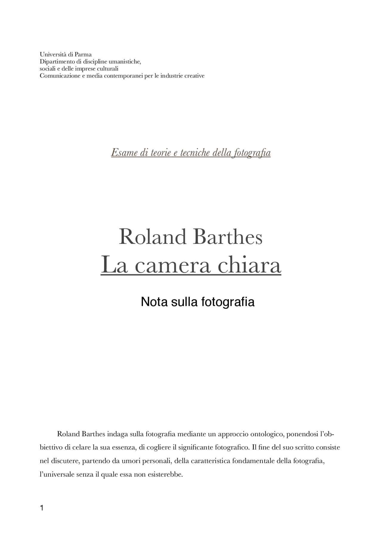 La Camera Chiara Di Roland Barthes Docsity