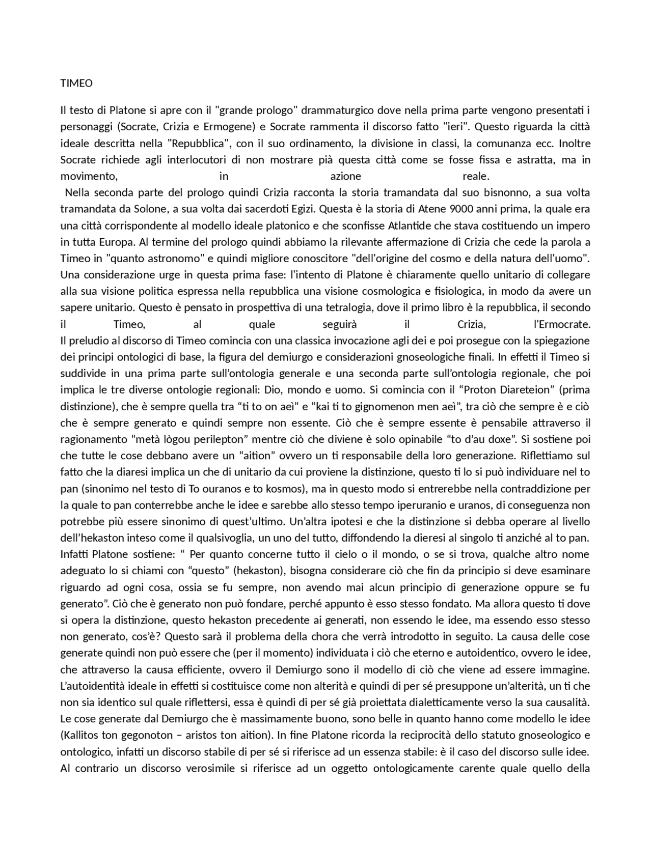 Timeo Dialogo Di Platone Riassunto Docsity