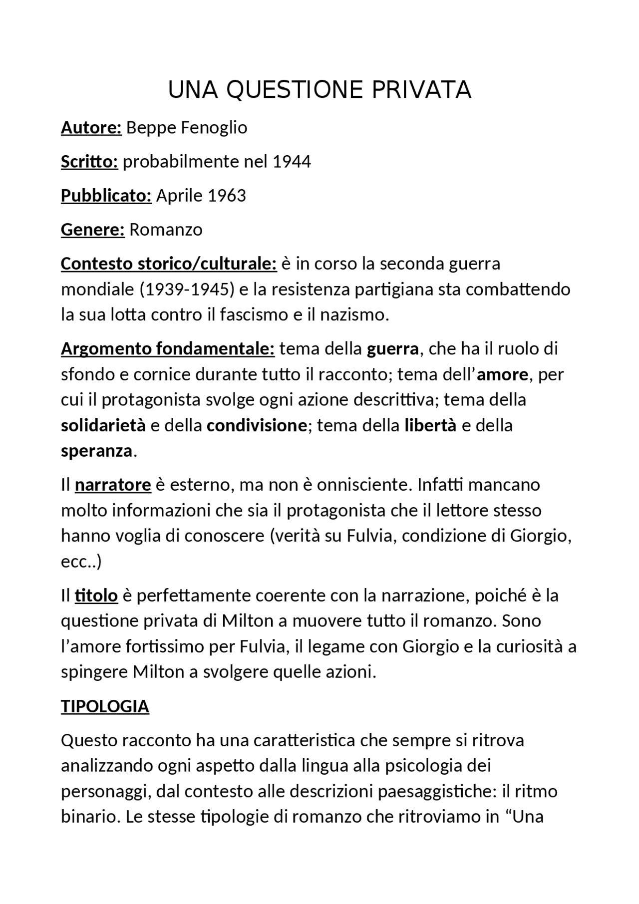Una Questione Privata Fenoglio Docsity