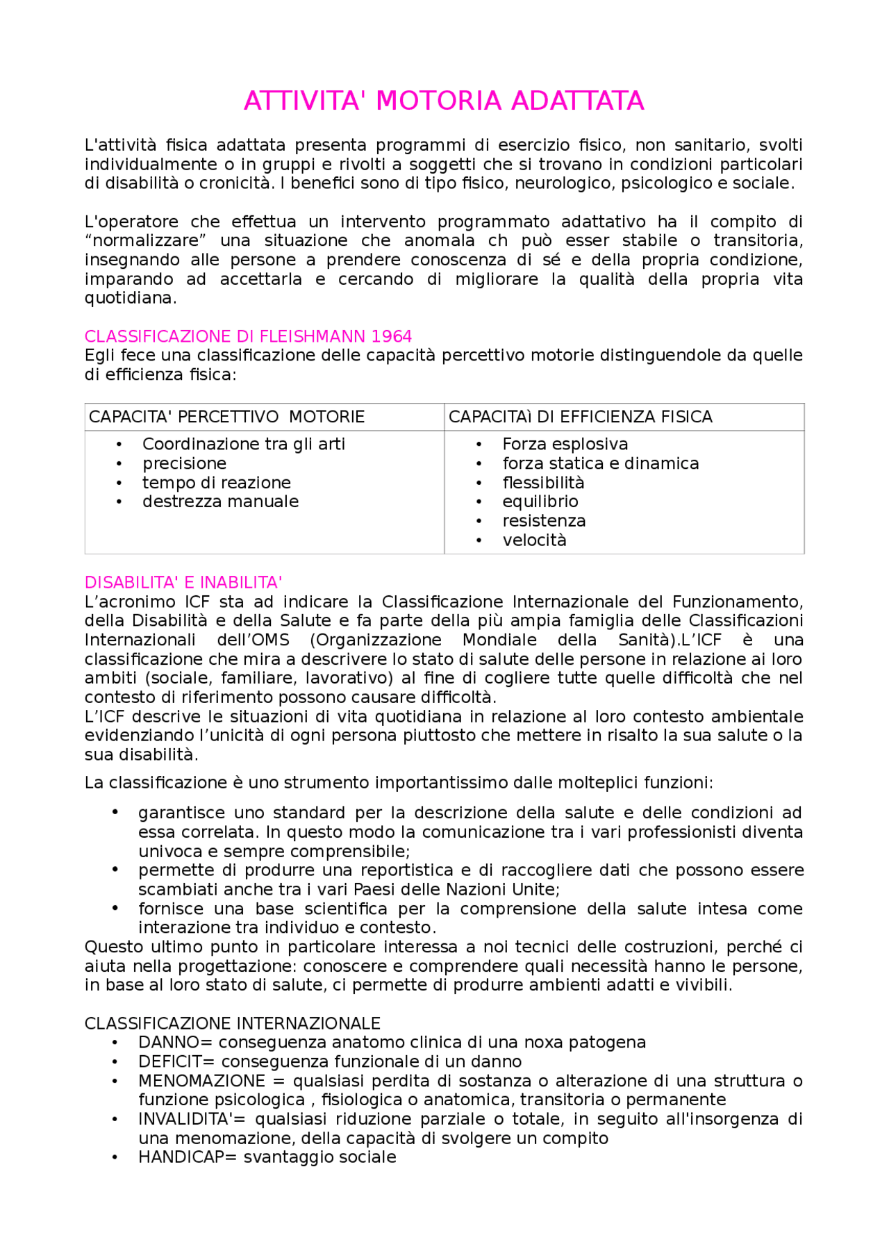 Attività Motoria Adattata Appunti Appunti Di Scienze Motorie Docsity