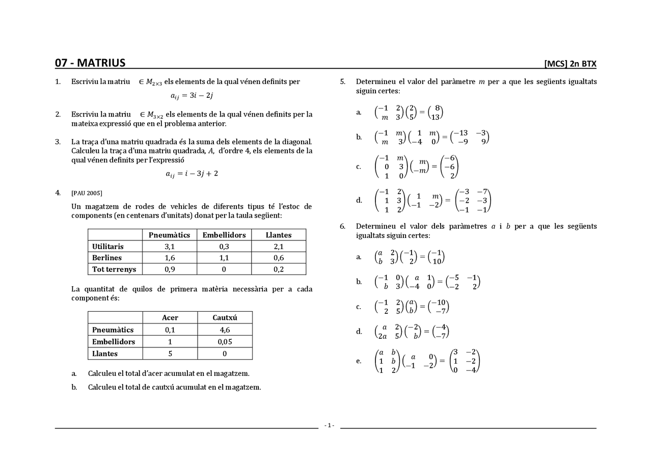 Ejercicios de Matrices - Docsity