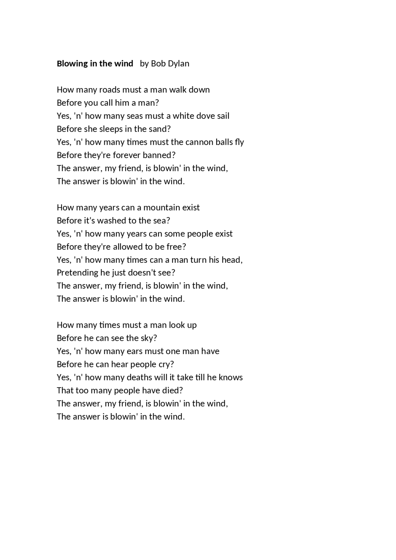 Bob dylan blowing in the wind - Docsity