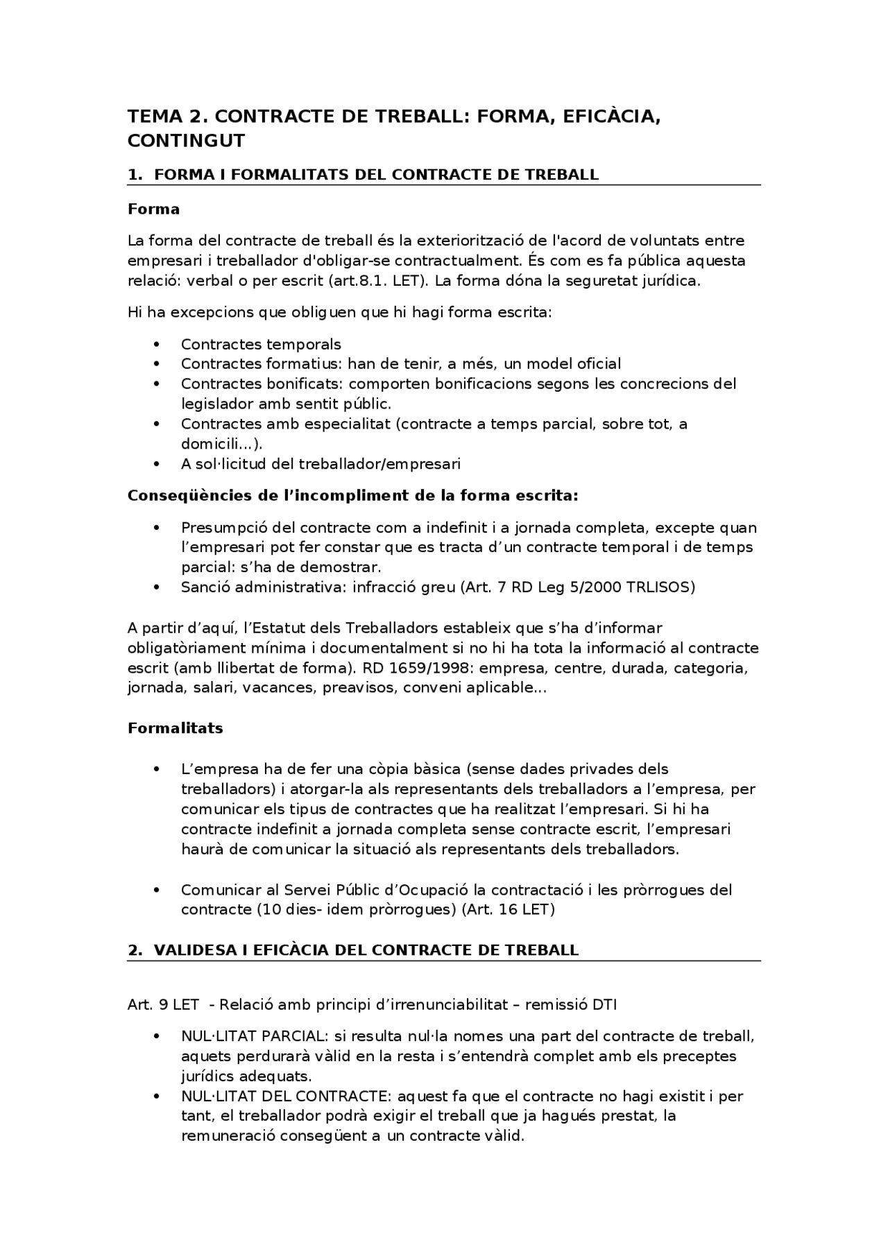 Tema 2. Contracte de treball. Forma, eficàcia i contingut - Docsity