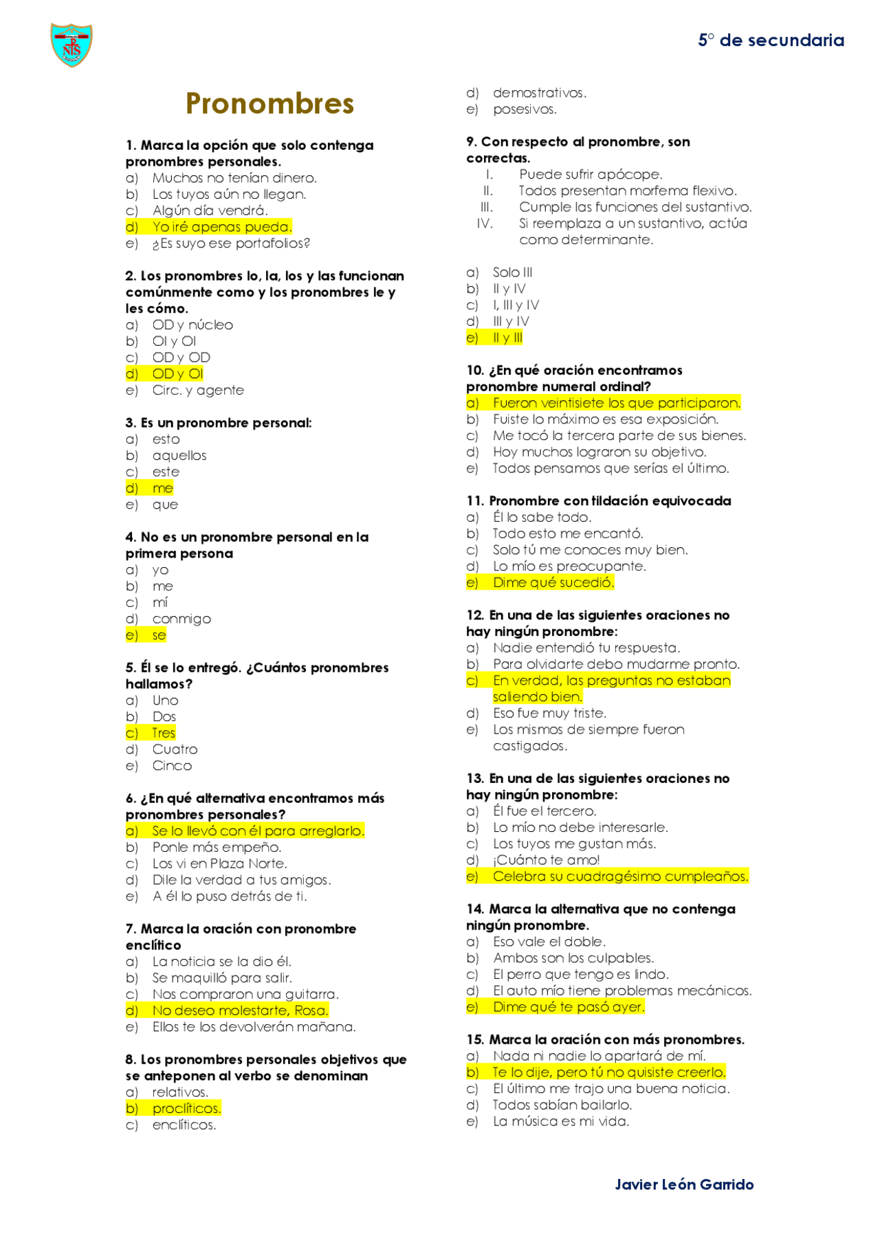 Pronombres Practica Calificada Resuelta Docsity