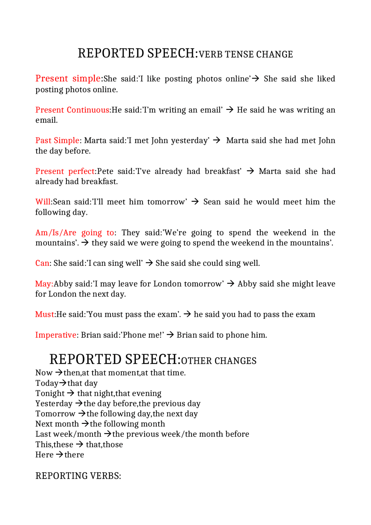 Reported Speech:Indirect Speech - Docsity