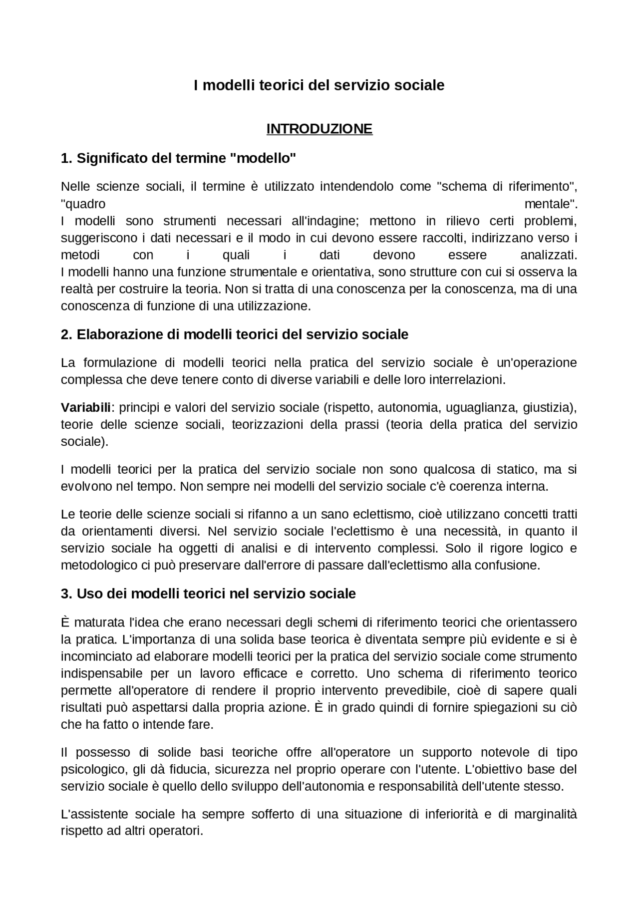 I Modelli Teorici Del Servizio Sociale Docsity