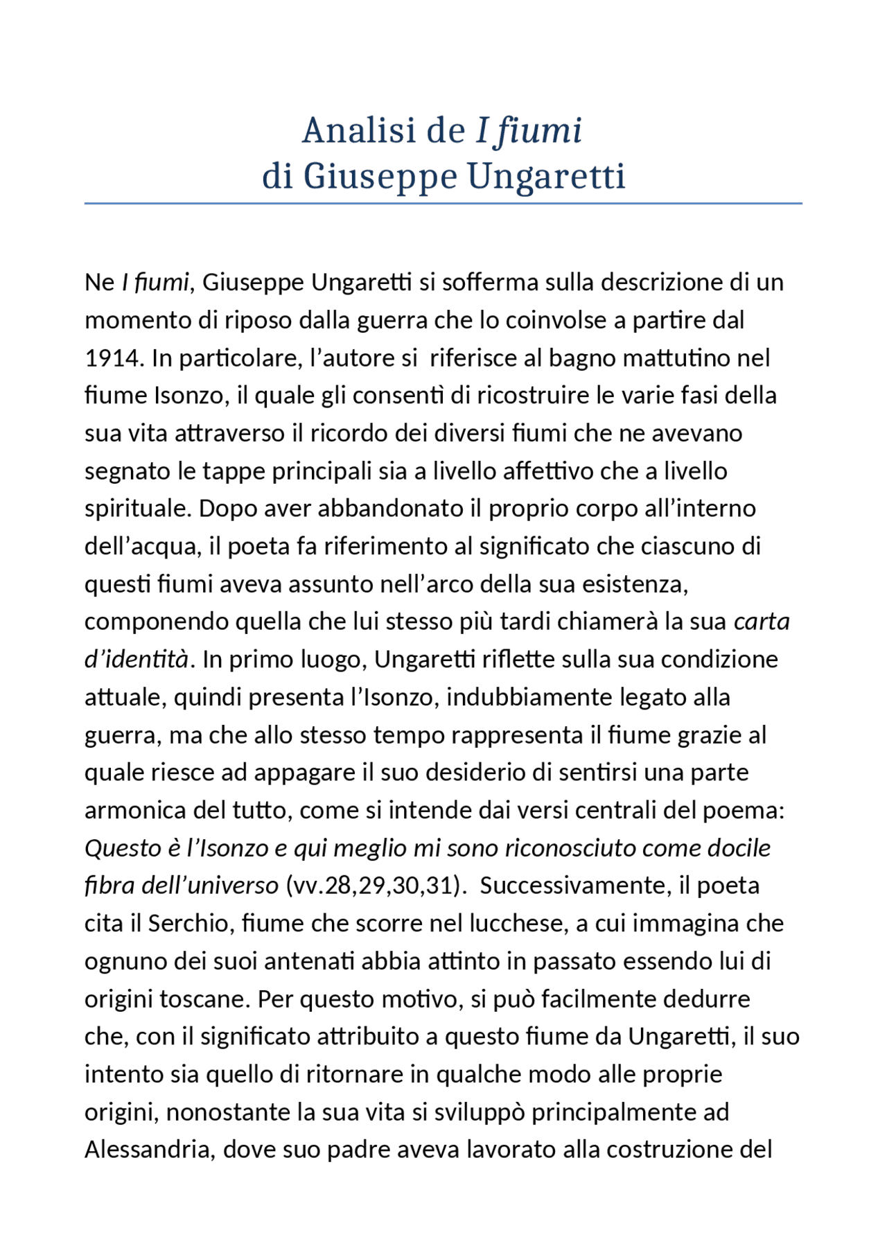 Analisi De I Fiumi Di Giuseppe Ungaretti Docsity