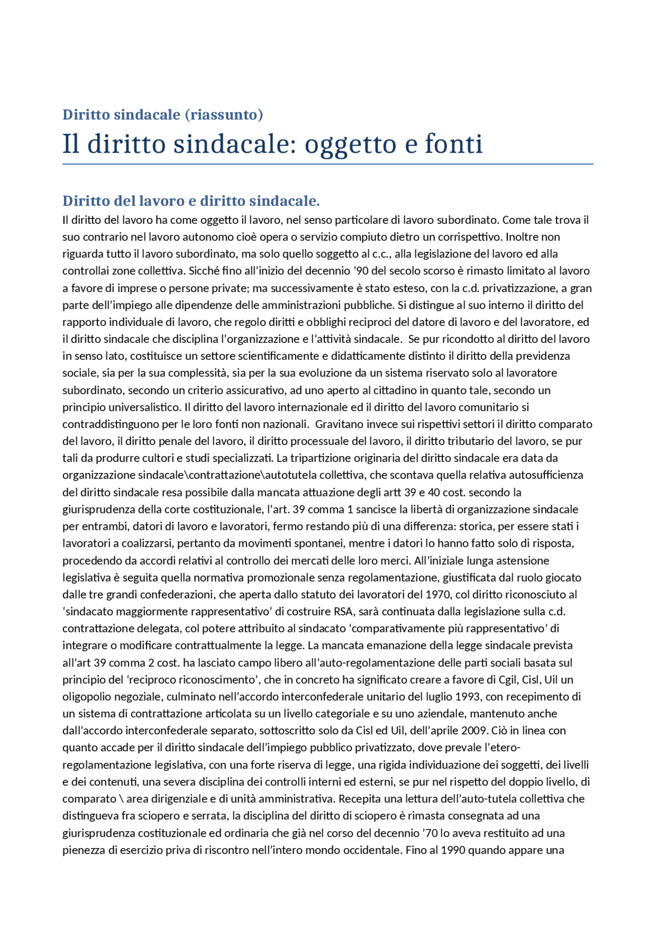 Riassunto Diritto Sindacale Unibo Docsity