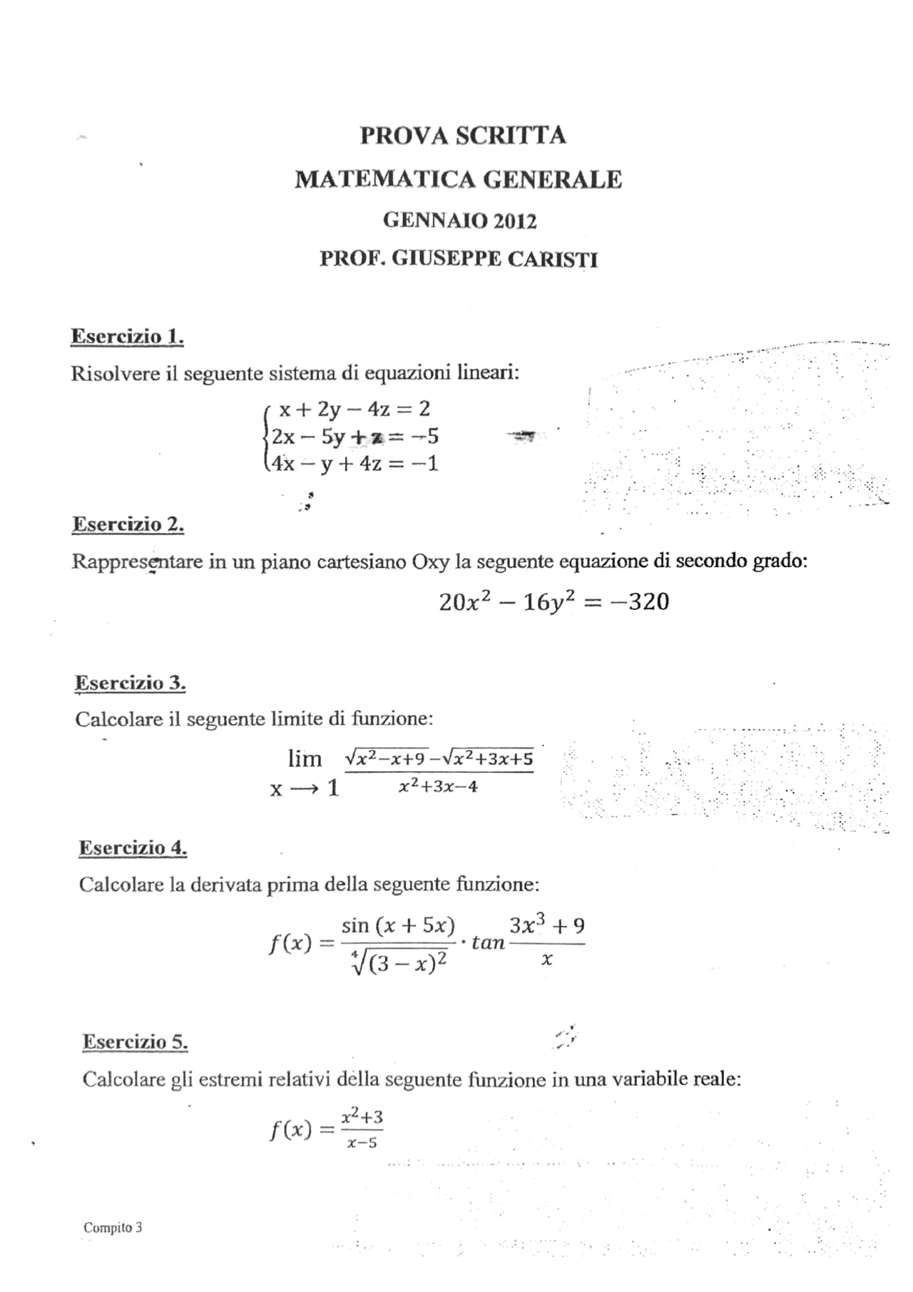 Eserciziario compito Matematica per l'azienda unime - Docsity