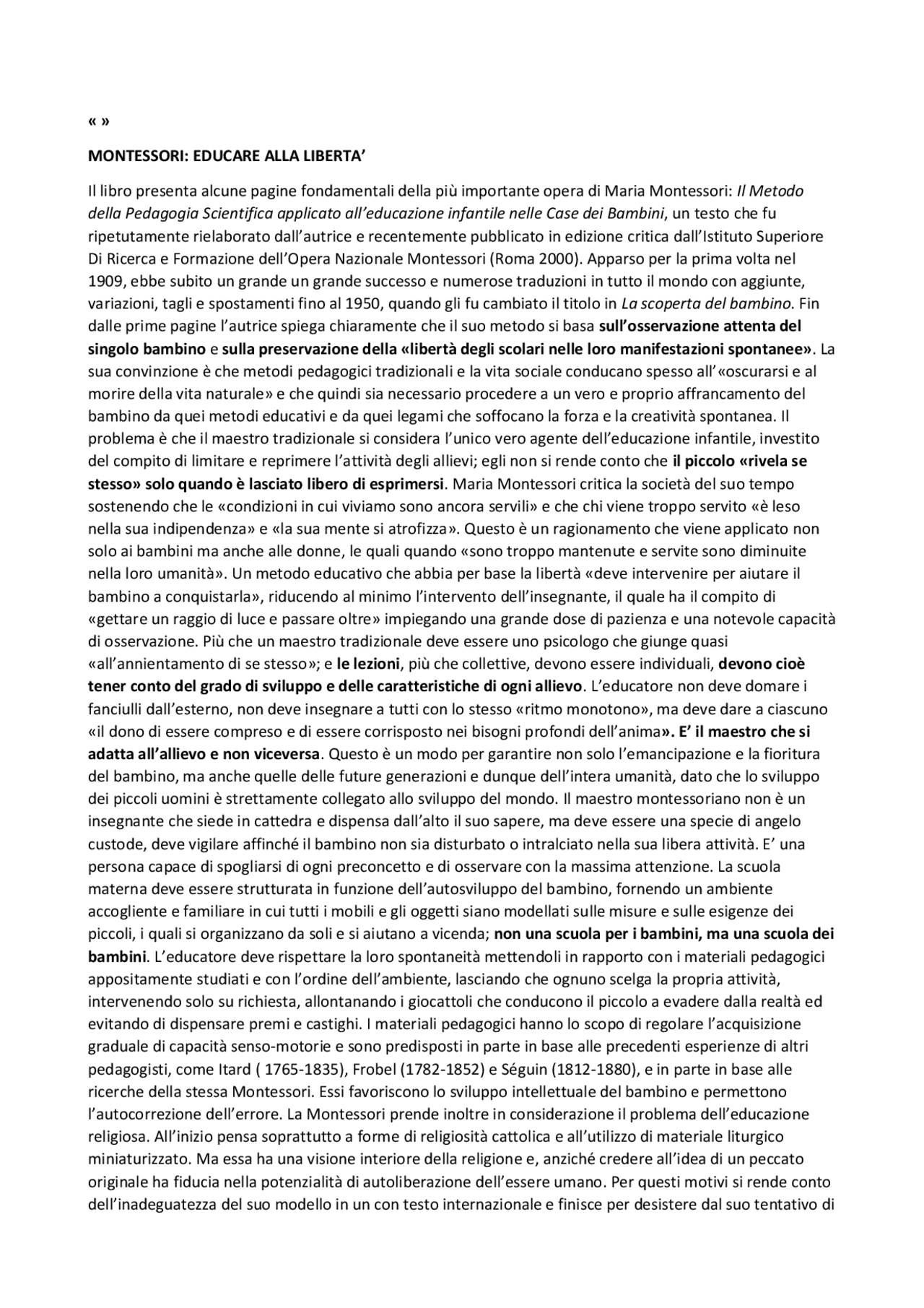 Maria Montessori Appunti Lettura Docsity