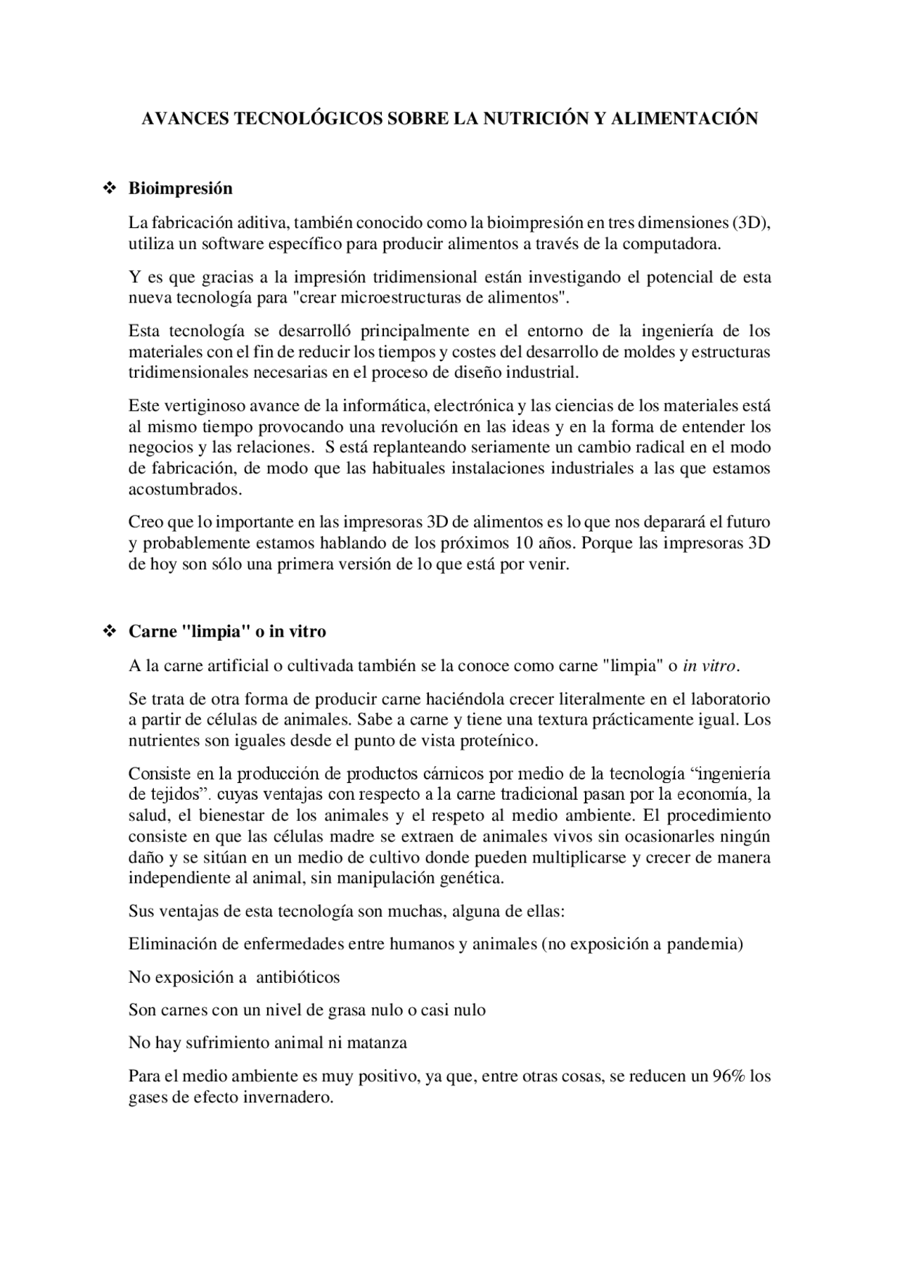 AVANCES TECNOLOGICOS EN LA NUTRICIÓN Y ALIMENTACION - Docsity