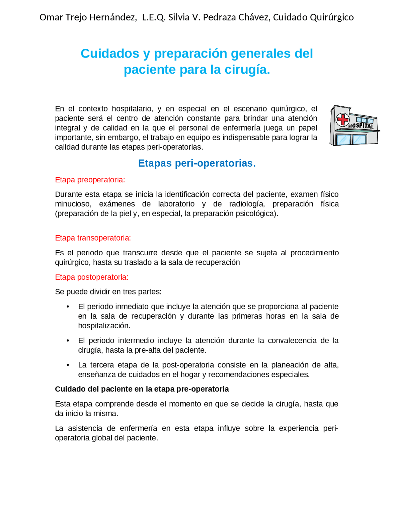 CUIDADOS Y PREPARACIONES DEL PACIENTE ANTES DE LA CIRUGIA | Apuntes de ...