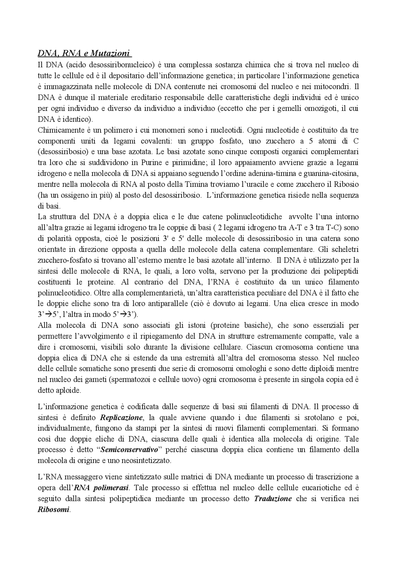 DNA, RNA e Mutazioni - Docsity