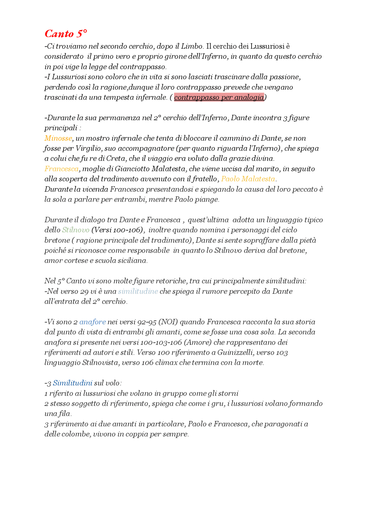 Divina commedia V e VI canto Inferno - Docsity