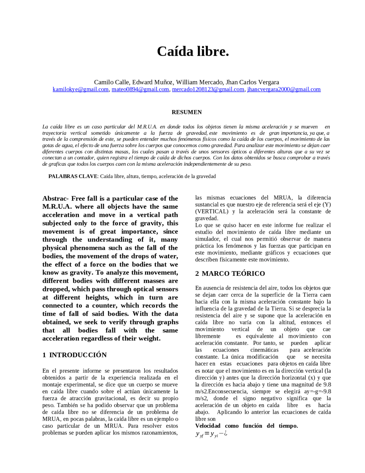 Informe sobre caida libre | Guías, Proyectos, Investigaciones de Física | Docsity