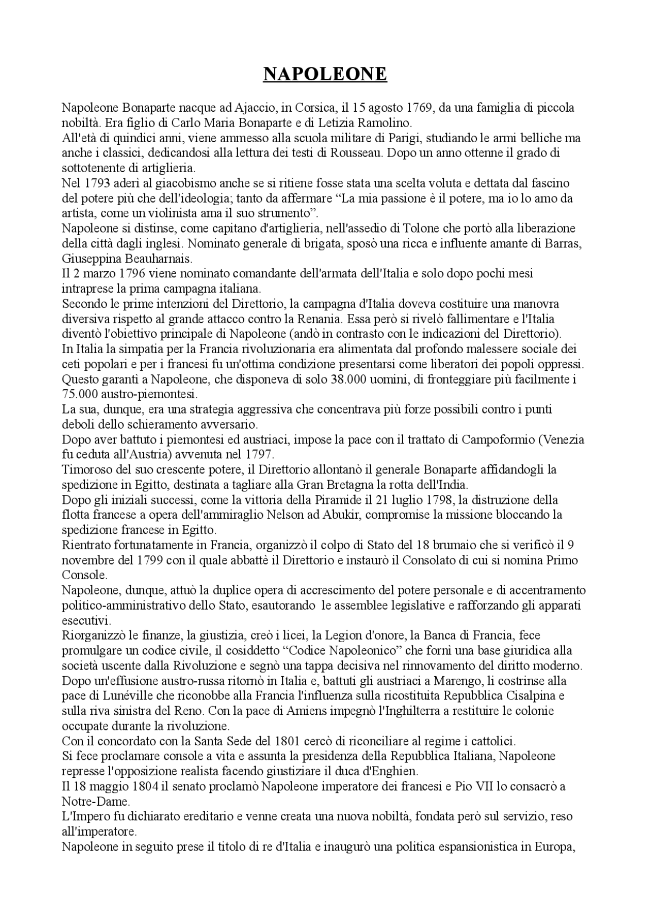 Napoleone. Storia liceale. | Appunti di Storia | Docsity