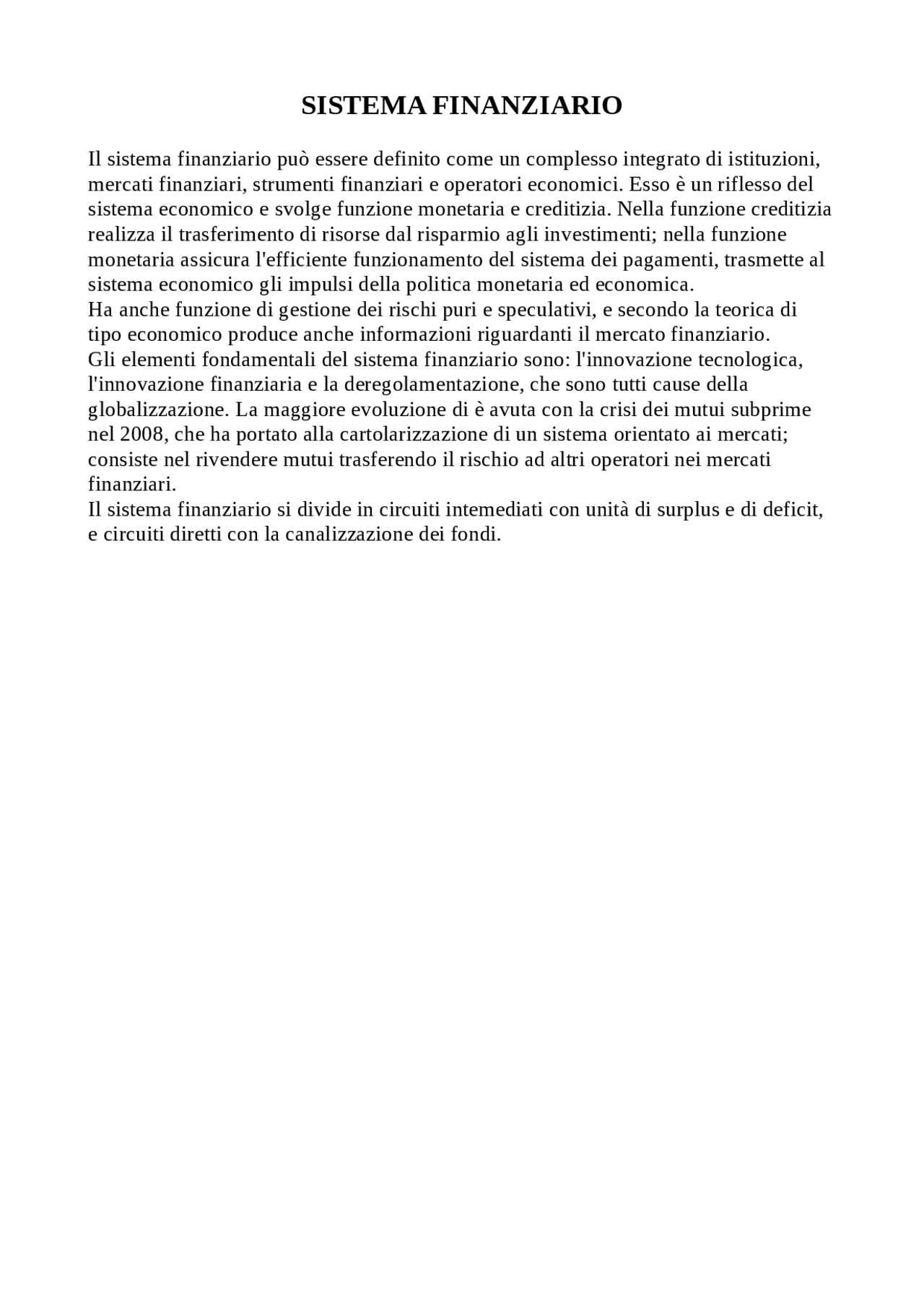 Il sistema finanziario - Docsity