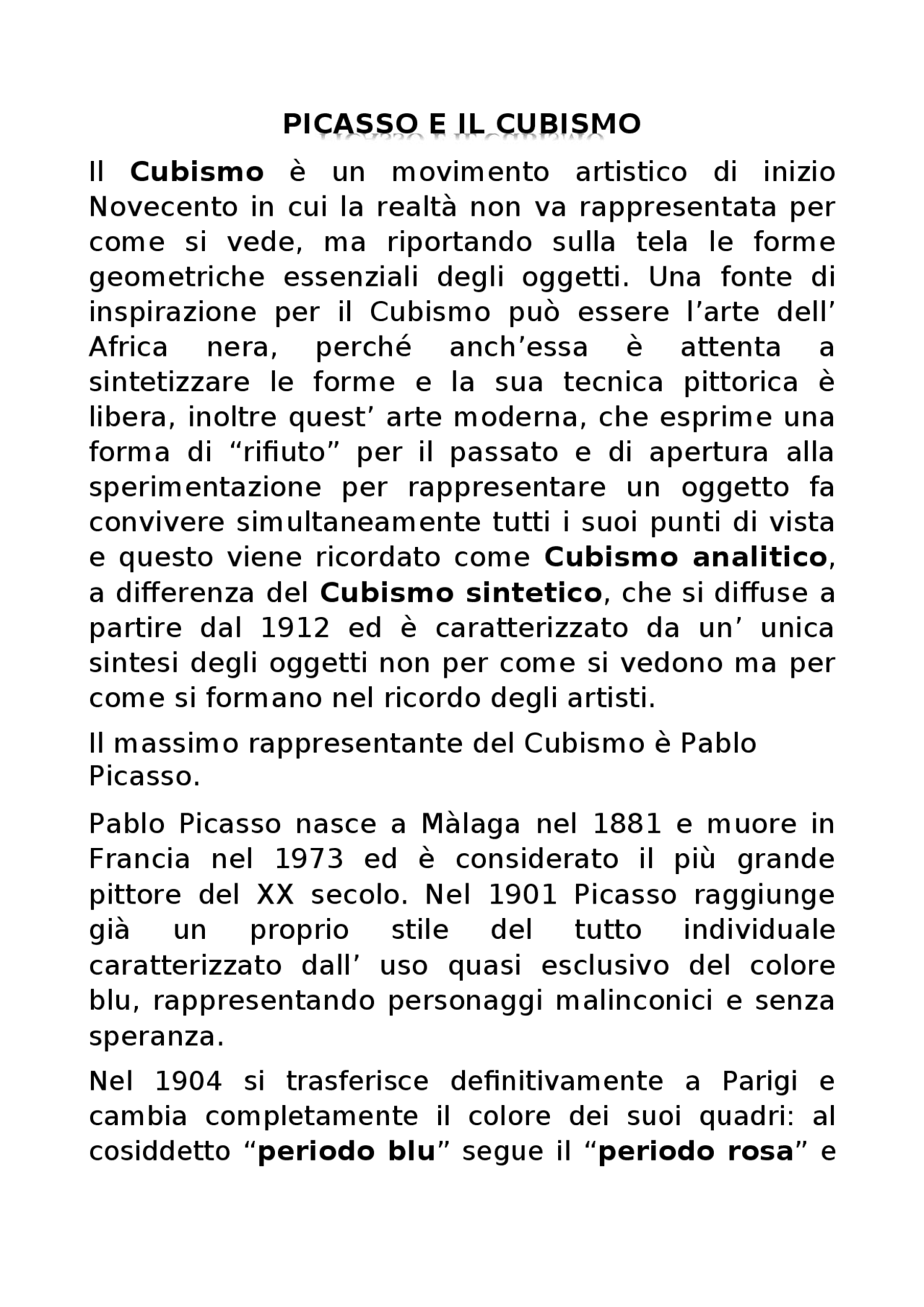 Picasso E Il Cubismo Docsity