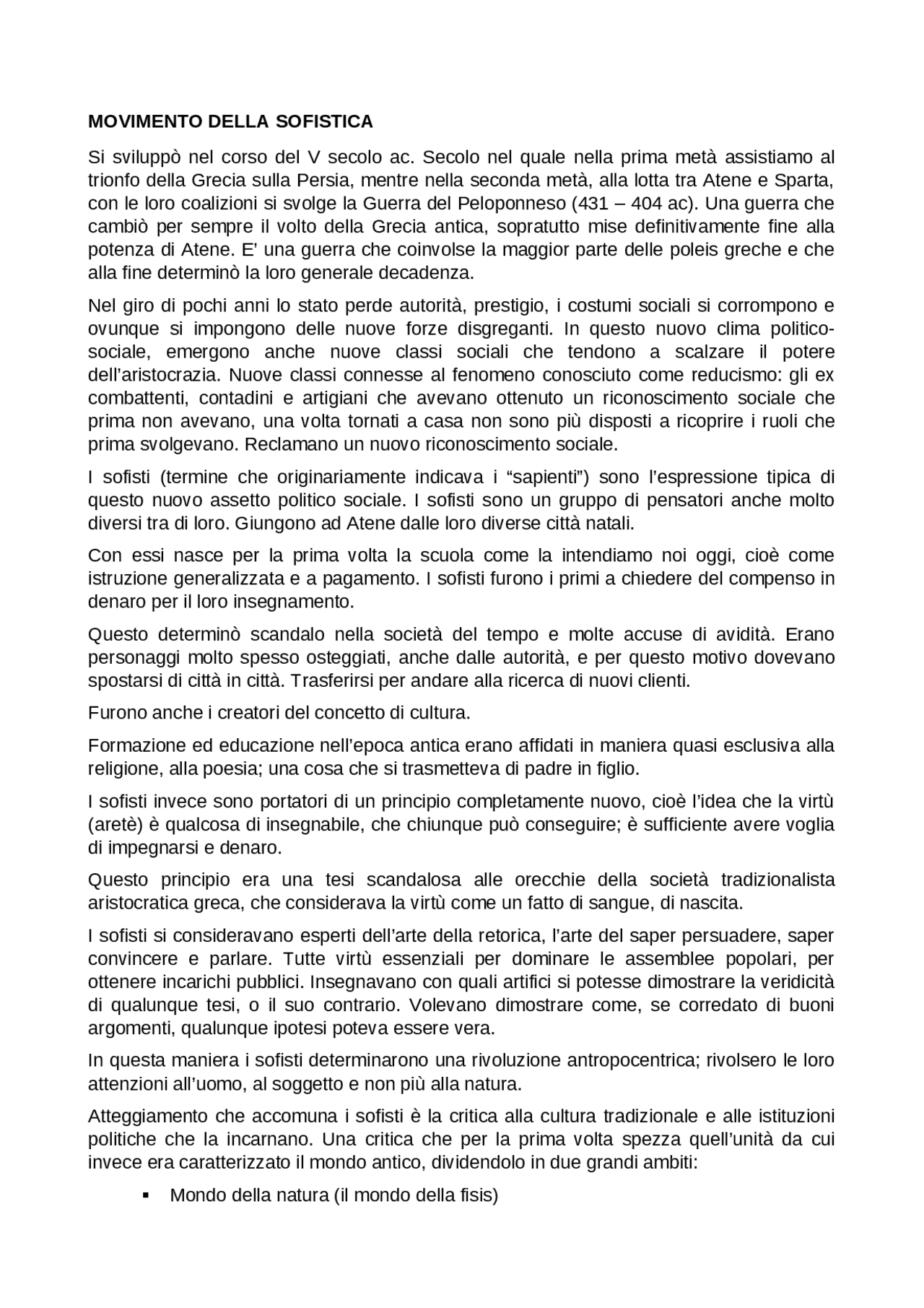 Il movimento della sofistica - Docsity