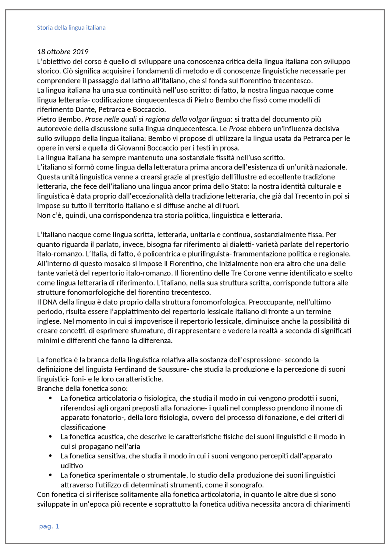 Storia della lingua italiana, primo modulo - Docsity