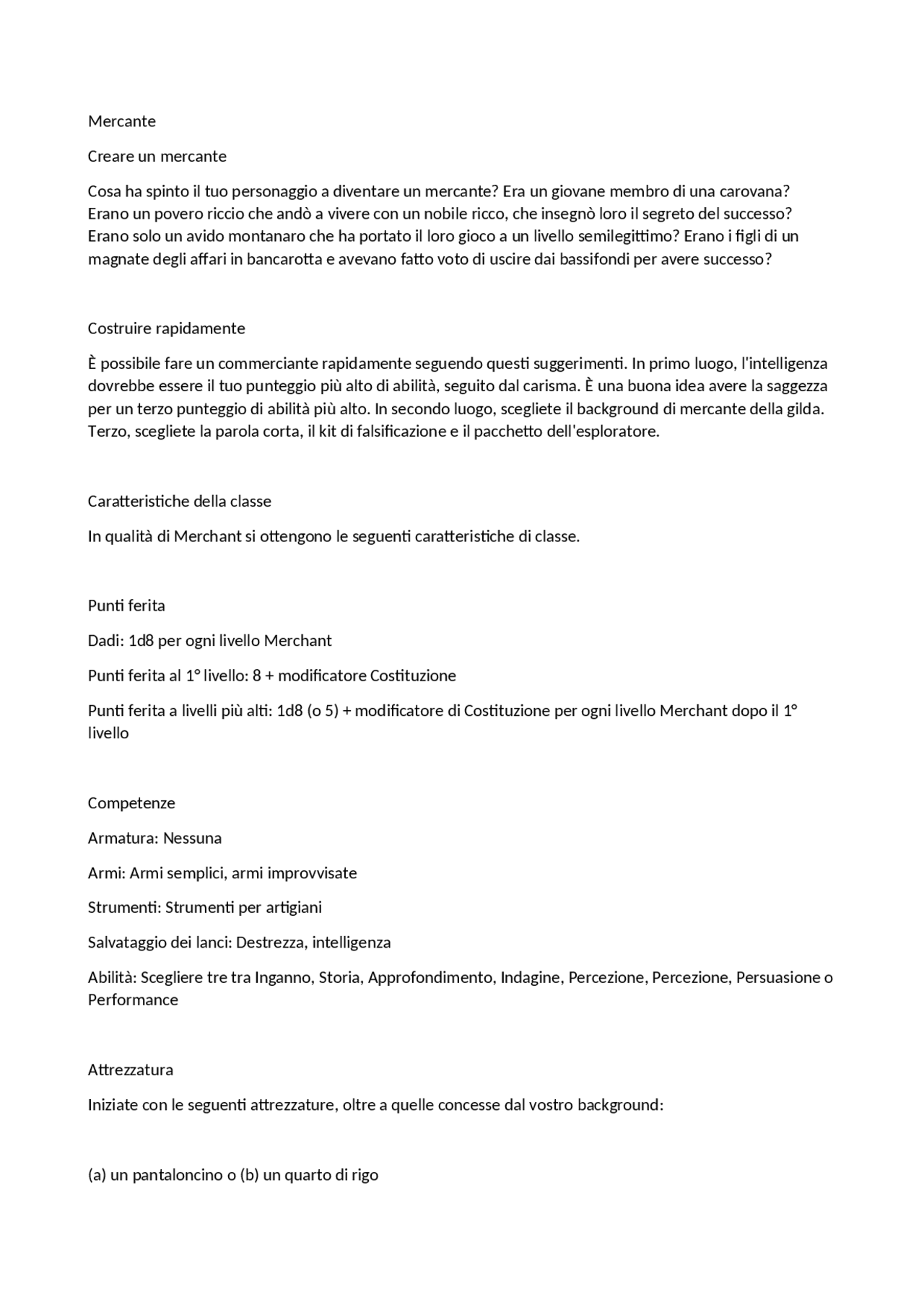 Classe Homebrew Del Mercante Per Dandd 5e Docsity