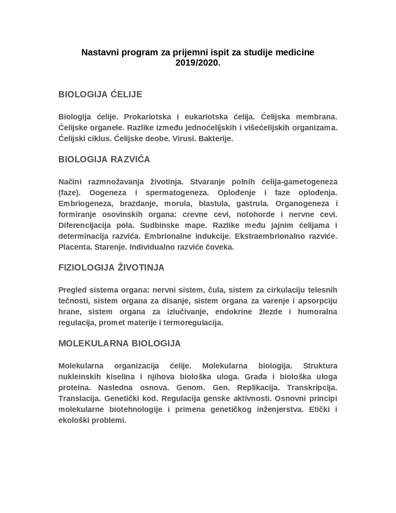 Nastavni program za prijemni ispit za Medicinu 2019/2020 | Skripte' predlog Biologija | Docsity