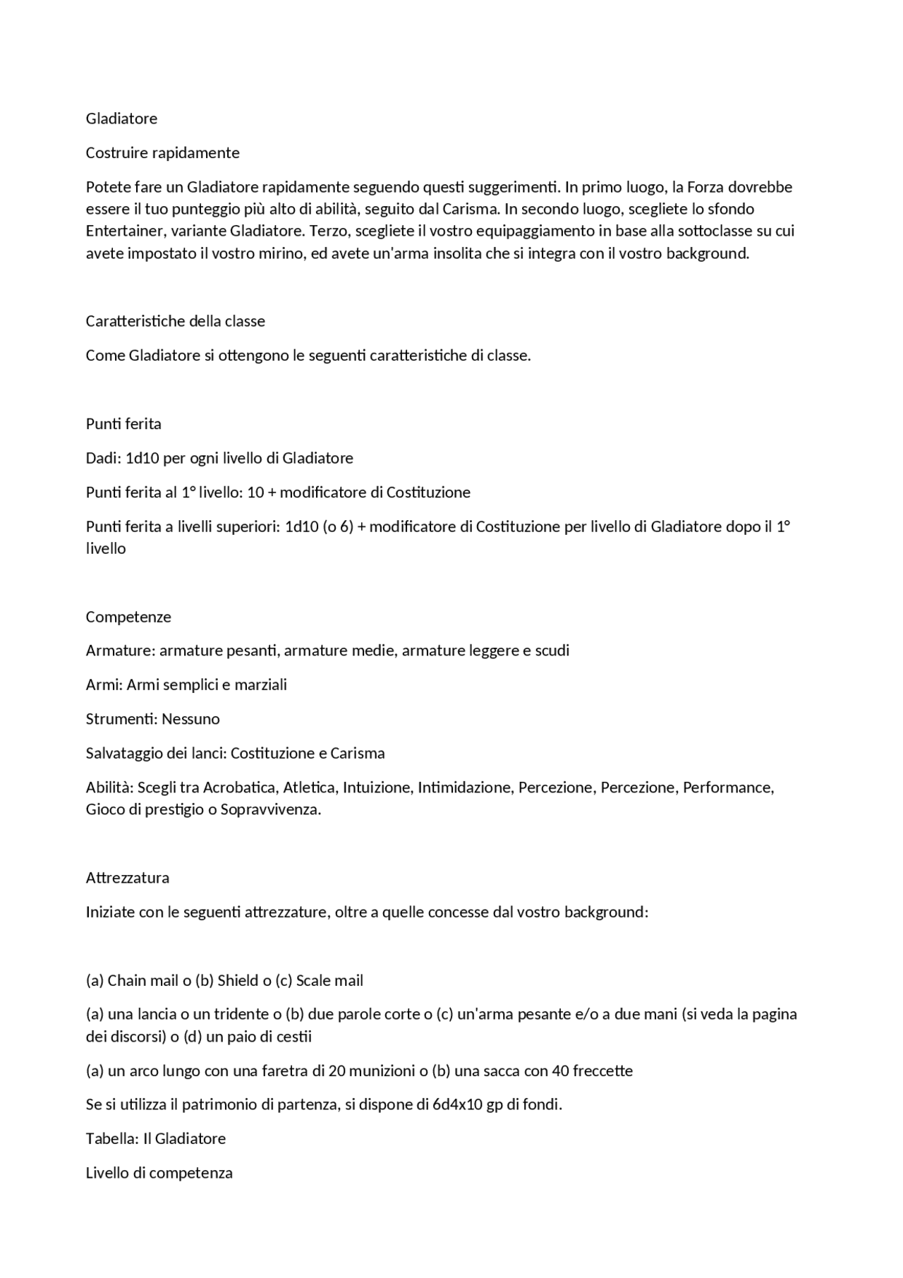 Classe Homebrew Del Gladiatore Per Dandd 5e Docsity