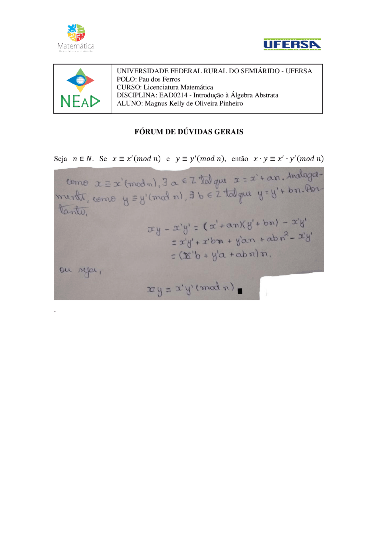 Lista de exercícios sobre Álgebra Abstrata - Docsity