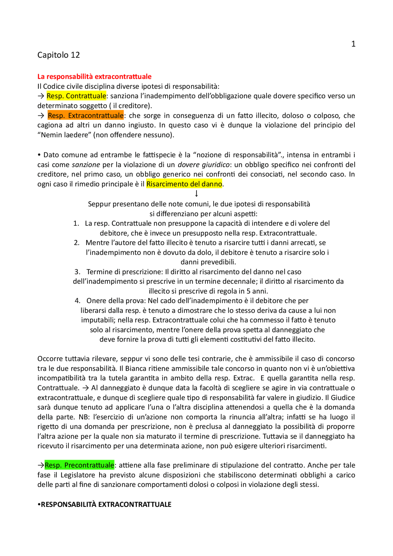 La Responsabilità Extracontrattuale Diritto Civile 4 Anno Docsity