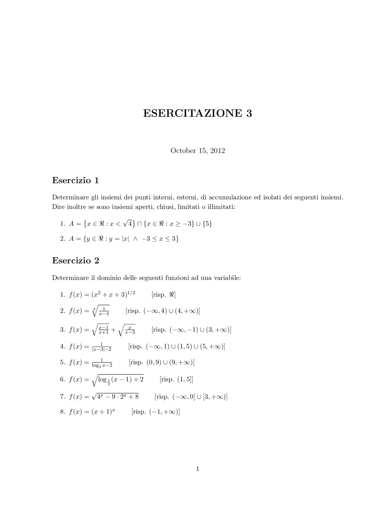 Esercitazione matematica generale - Docsity