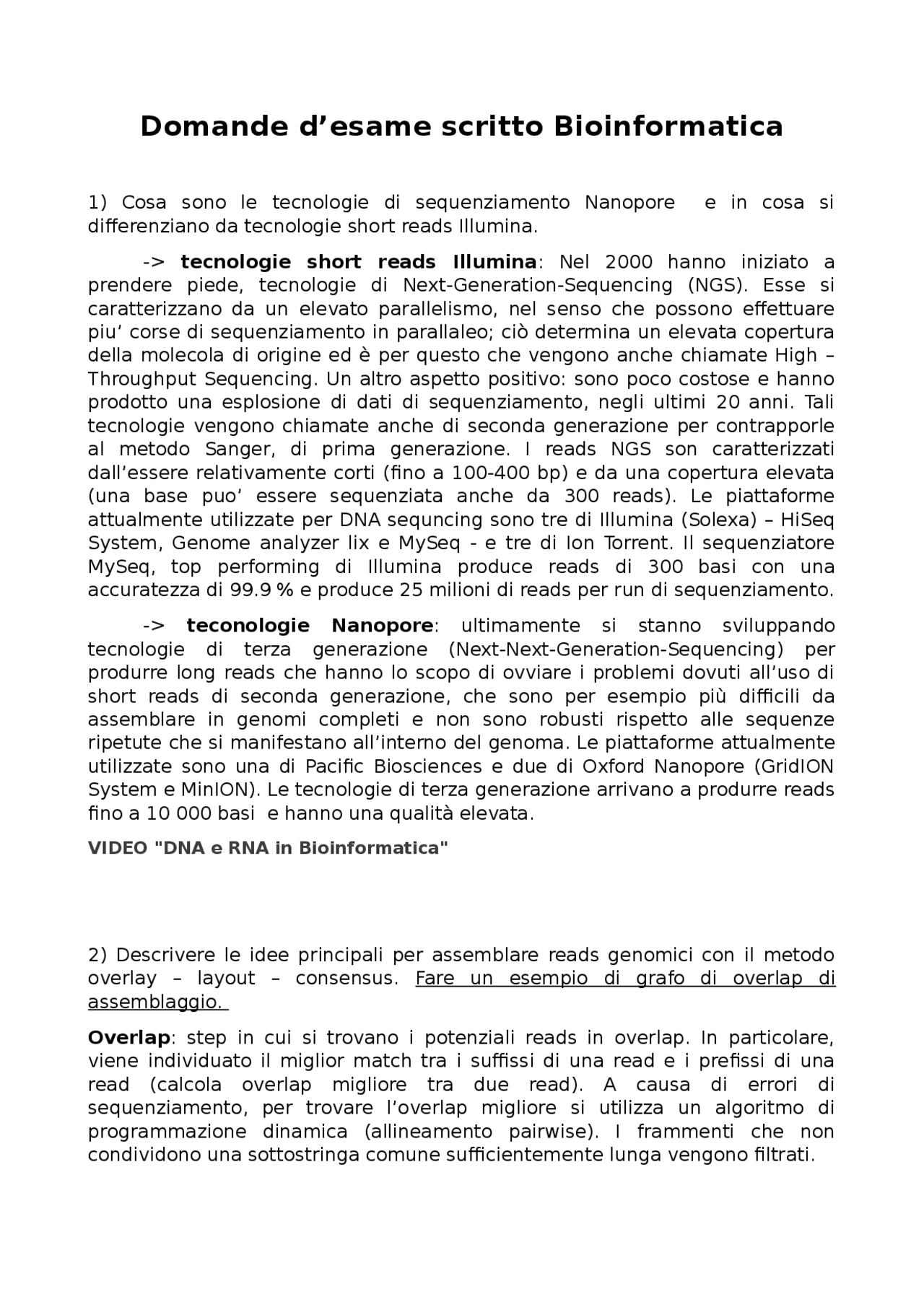 Domande Esame Scritto Bioinformatica Prove Desame Di Bioinformatica