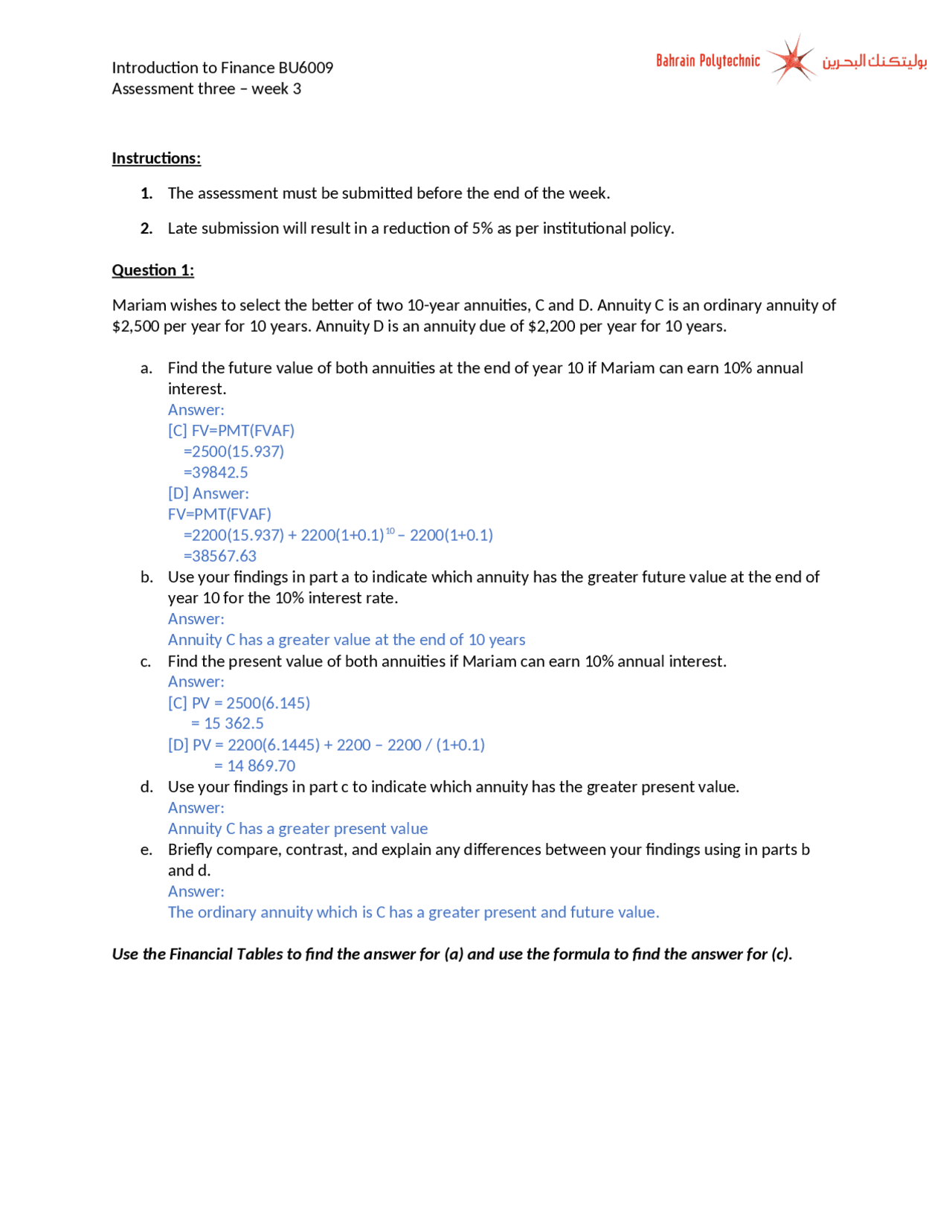 Introduction To Finance Assignments Finance Docsity