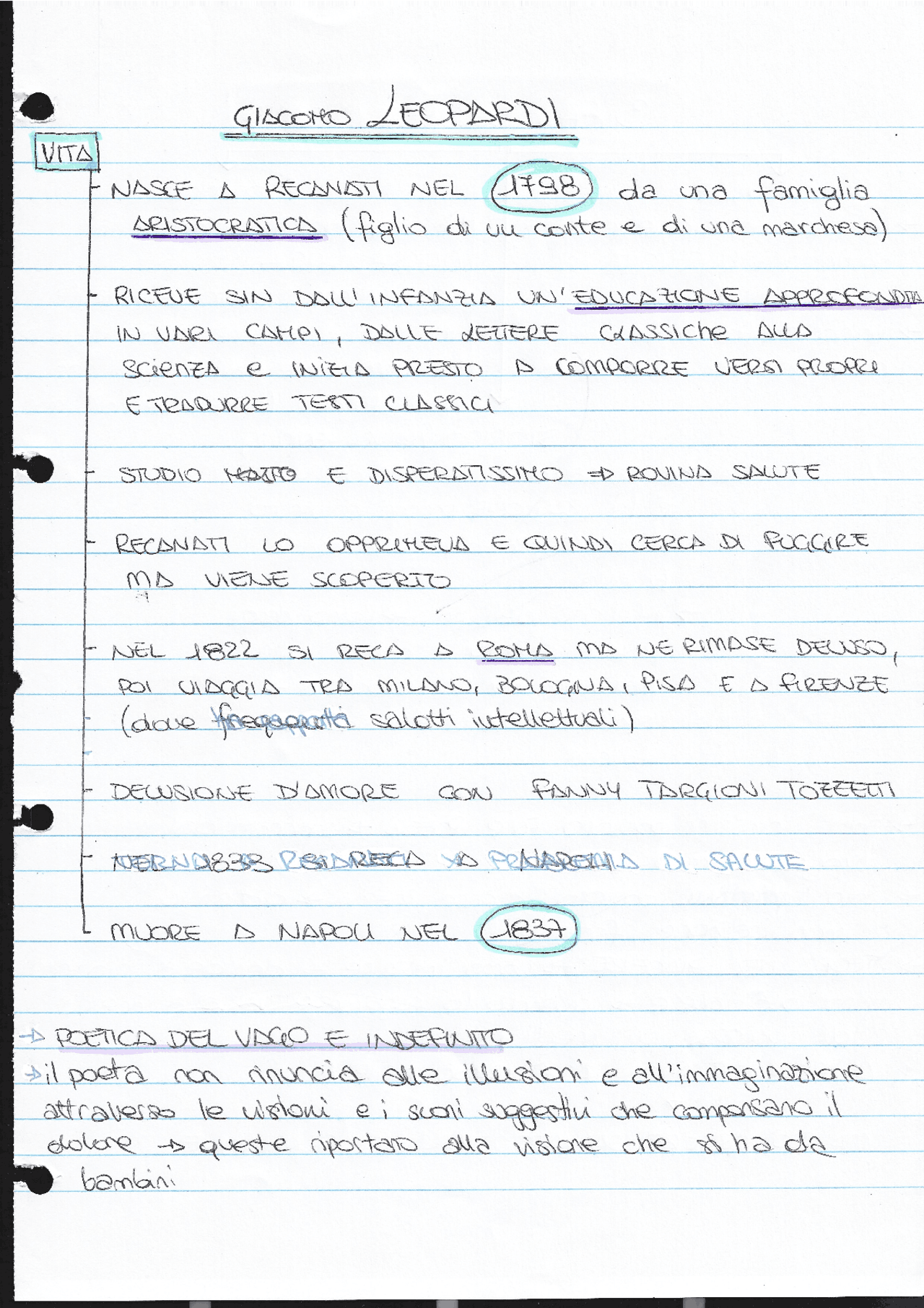 Schema Giacomo Leopardi Docsity