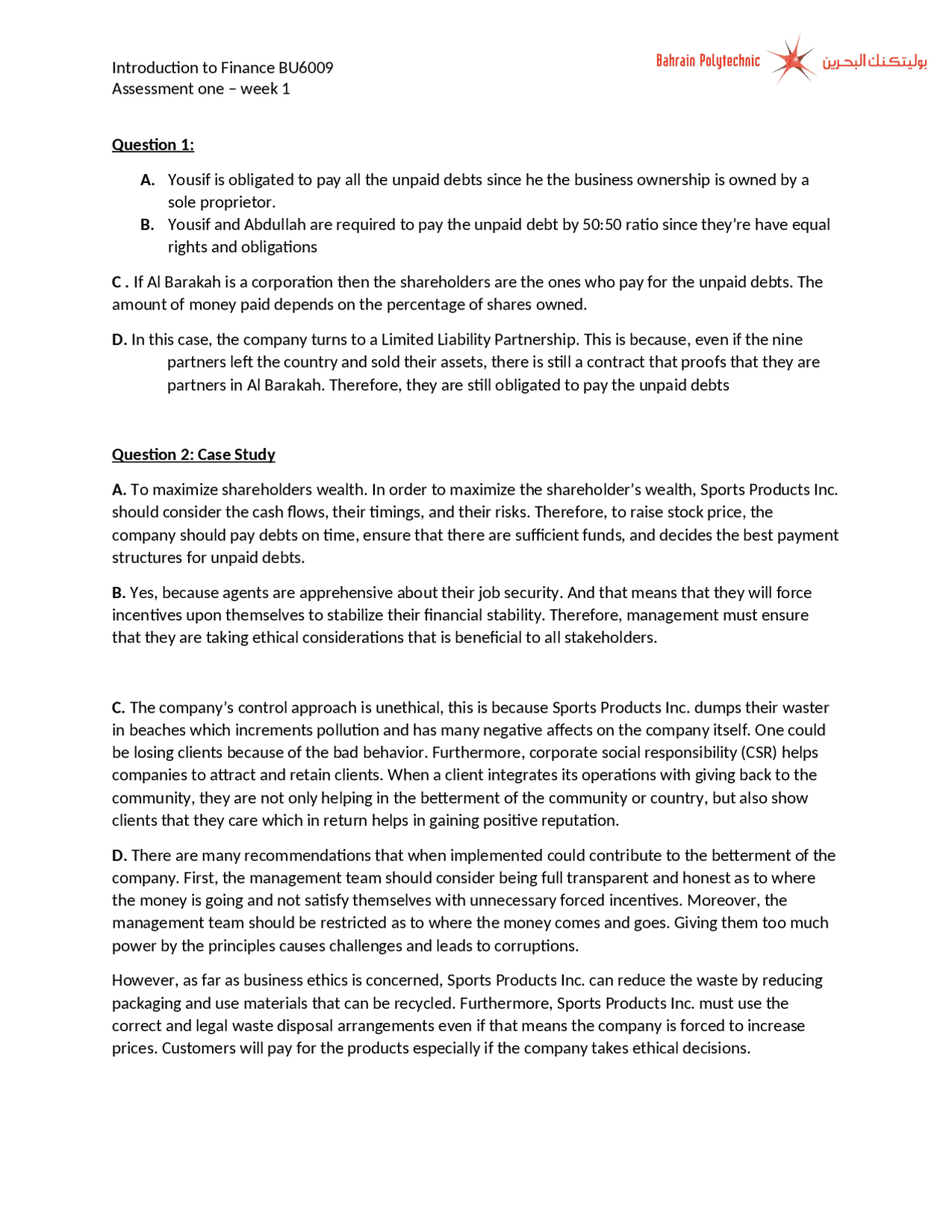Introduction To Finance Assignments Finance Docsity