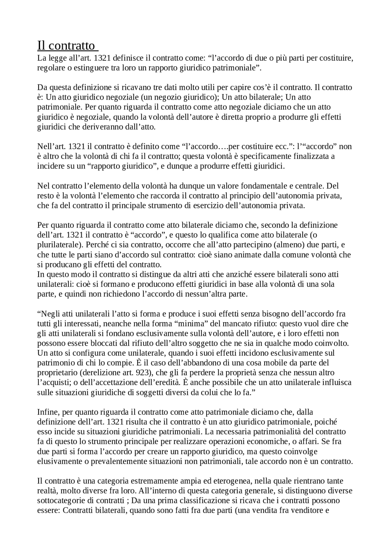 Il contratto. diritto privato - Docsity