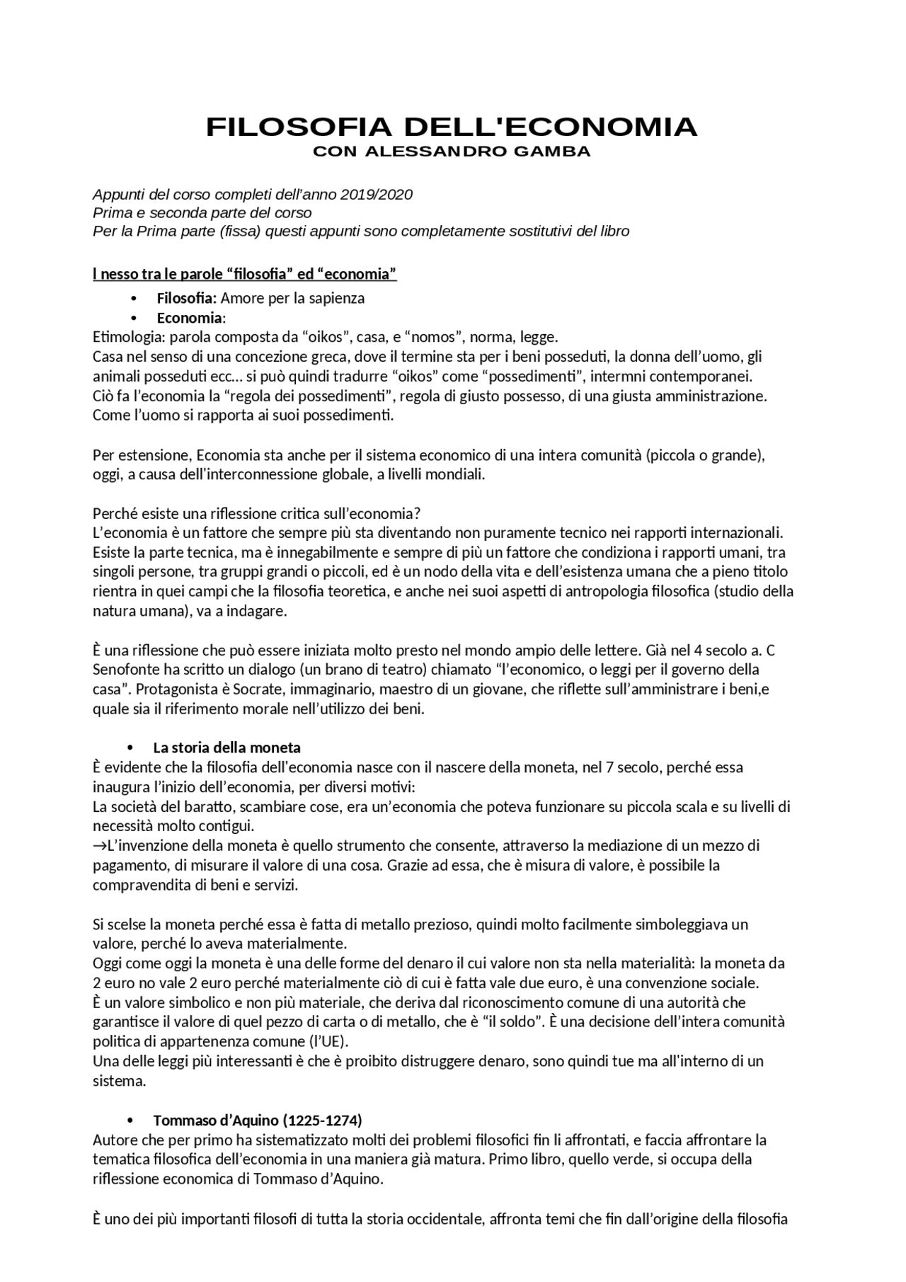 FILOSOFIA DELL'ECONOMIA con Alessandro Gamba 2019/2020 - Docsity