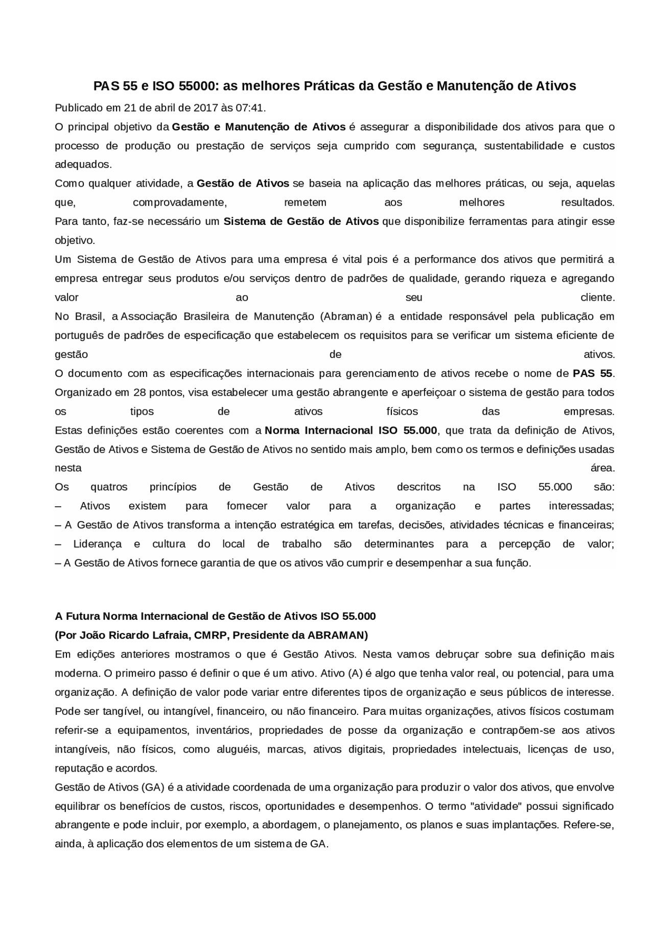 PAS 55 e ISO 55000 Norma e organização - Docsity