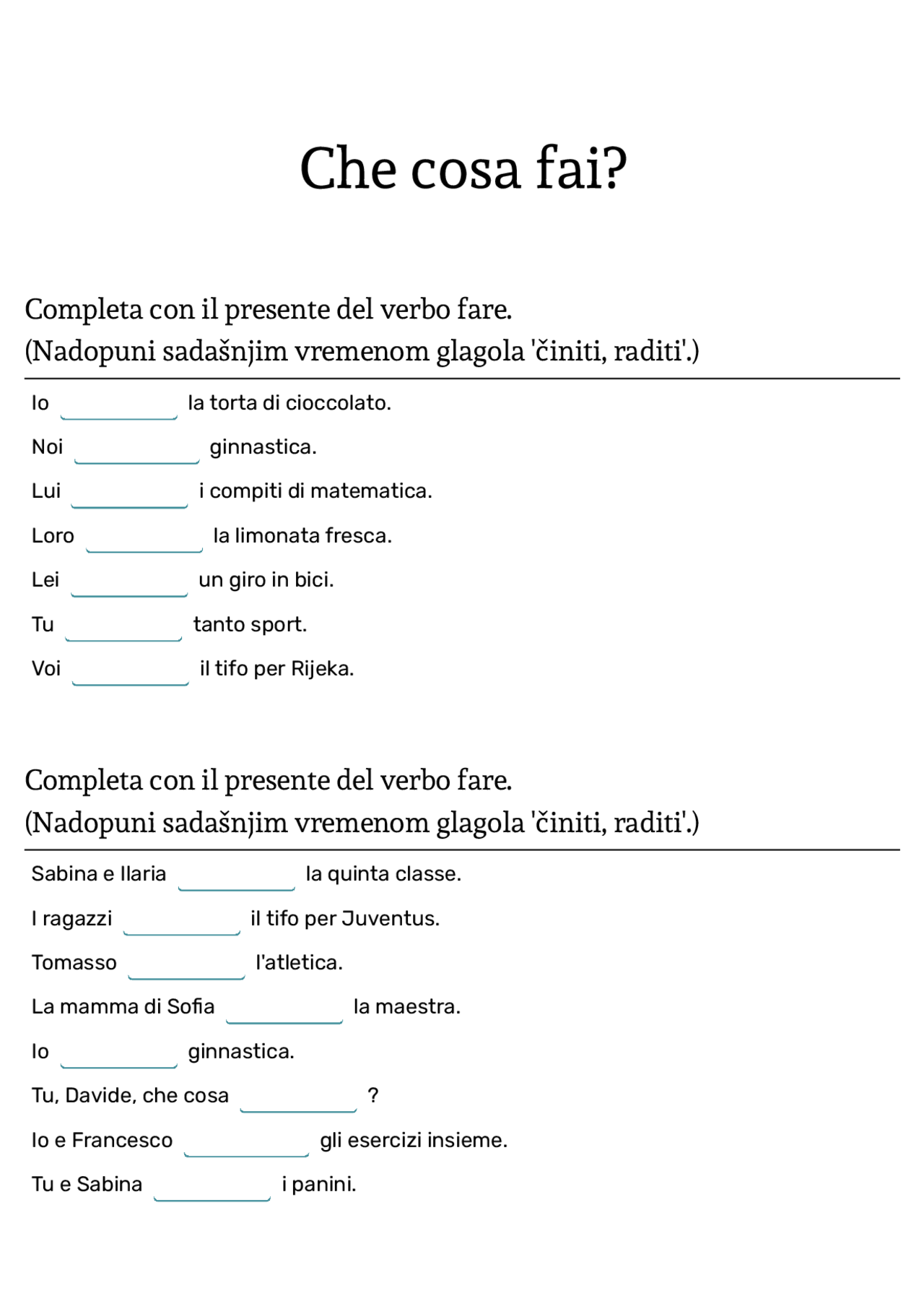 Italijanski jezik - vježbe sa glagolom "fare" | Vežbe' predlog ...