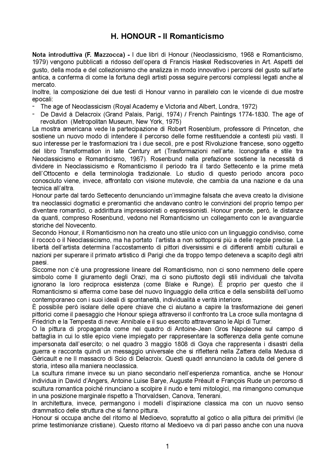 H. Honour, Il Romanticismo - Docsity