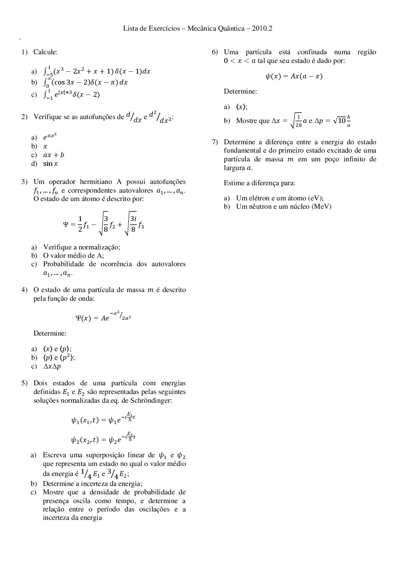 Lista De Exercícios Mecânica Quântica 20102 Docsity