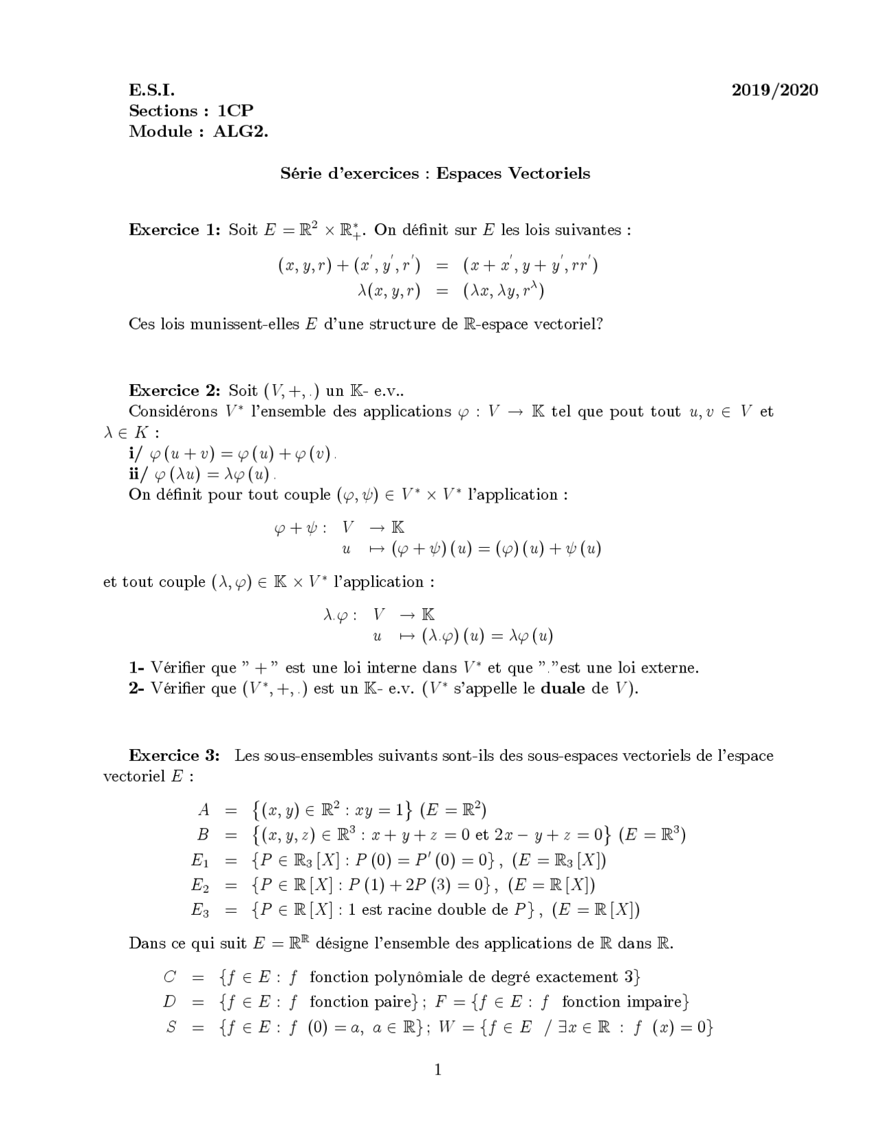 Espaces Vectoriels Exercices Exercises Algebra Docsity