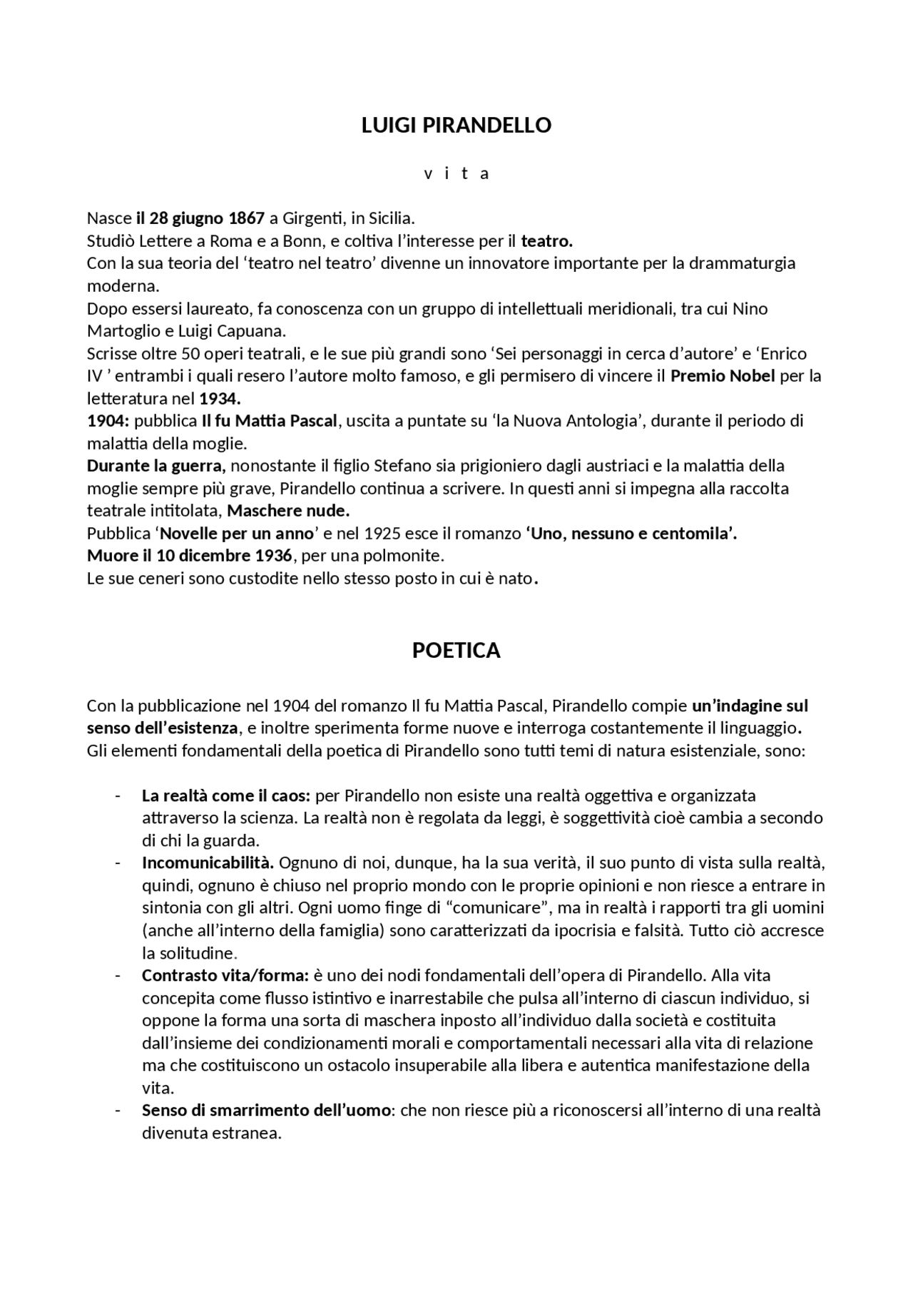 Luigi Pirandello schema Vita e Poetica - Docsity