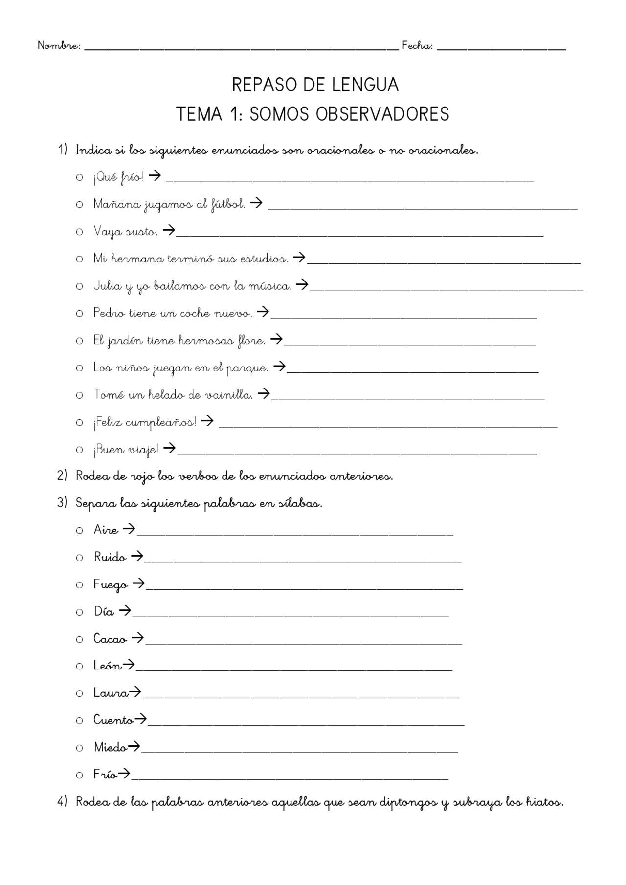 Repaso Tema 1 Lengua 4ºPrimaria SM - Docsity